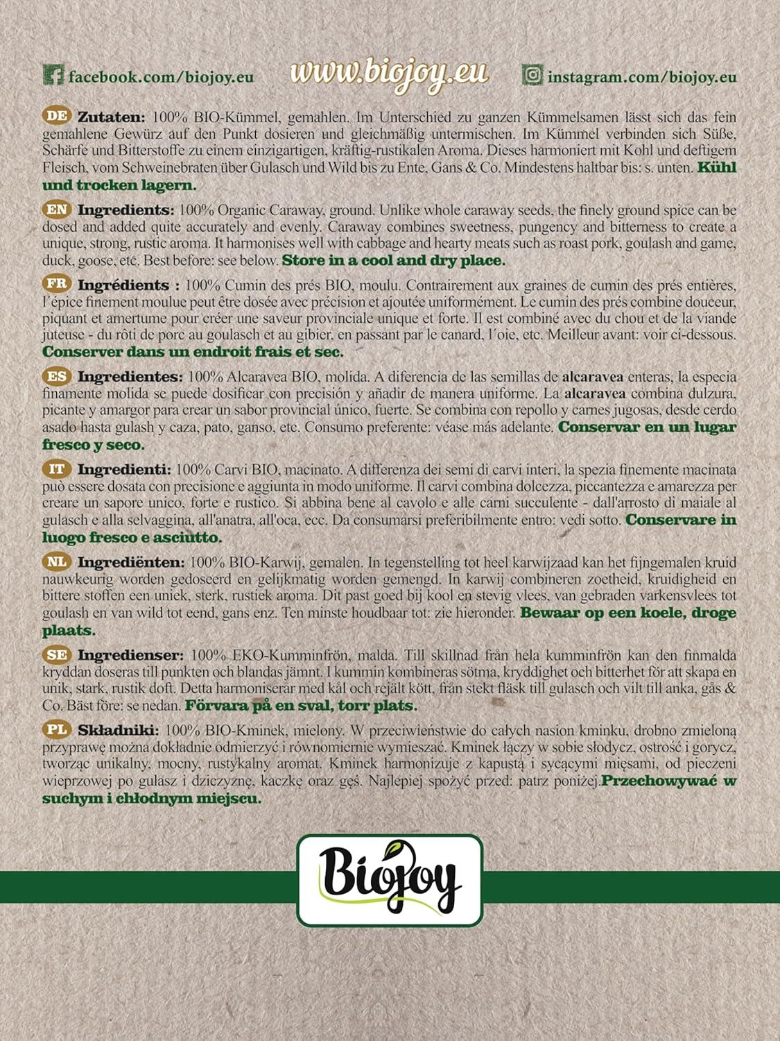 Biojoy ORGANIC Caraway Ground Powder (250g) | Pure Carum Carvi - No ...