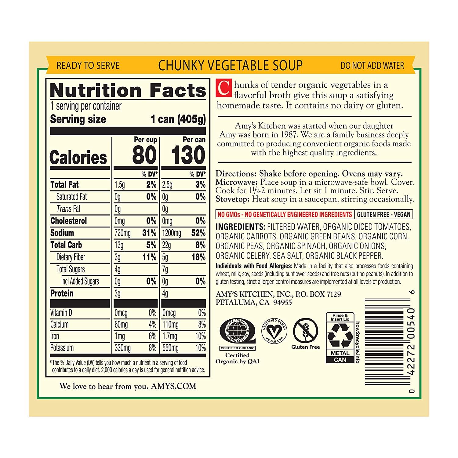 Amy's Soup: Vegan, Gluten Free, Organic Chunky Vegetable - Low Fat - 14 ...