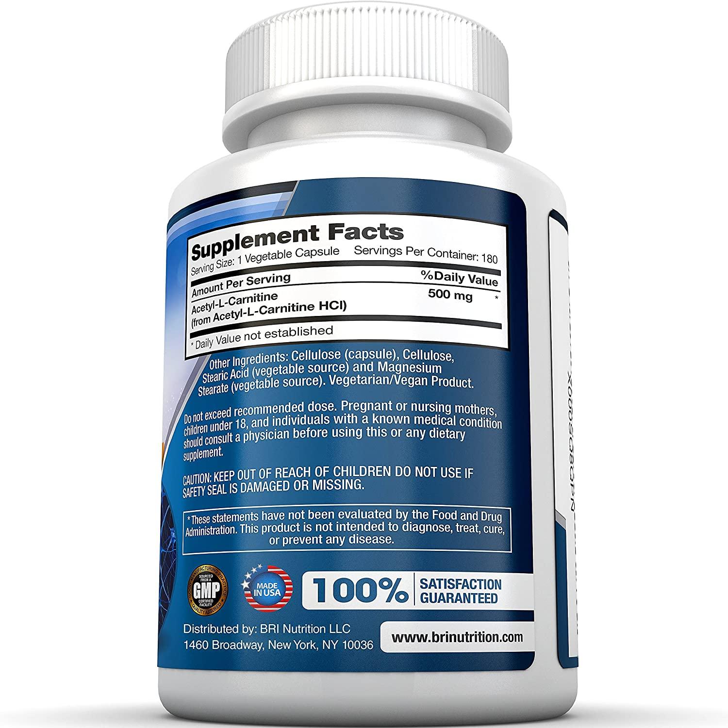 BRI Acetyl L-Carnitine 500mg - Energy Boost & Memory Support - 180 ...