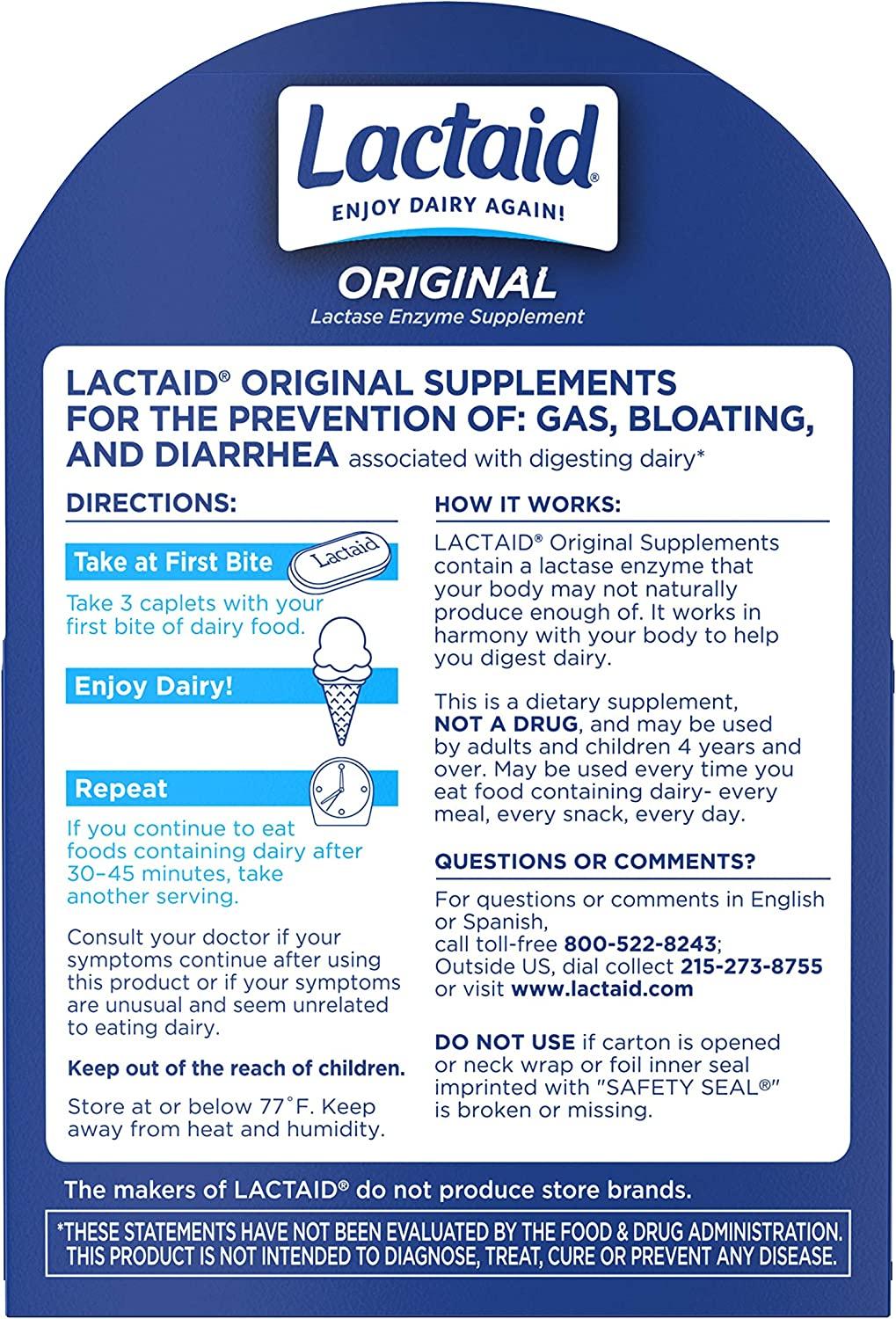 Lactaid Original Strength 120 ct Lactose Intolerance Relief Caplets with Natural Lactase Enzyme ...