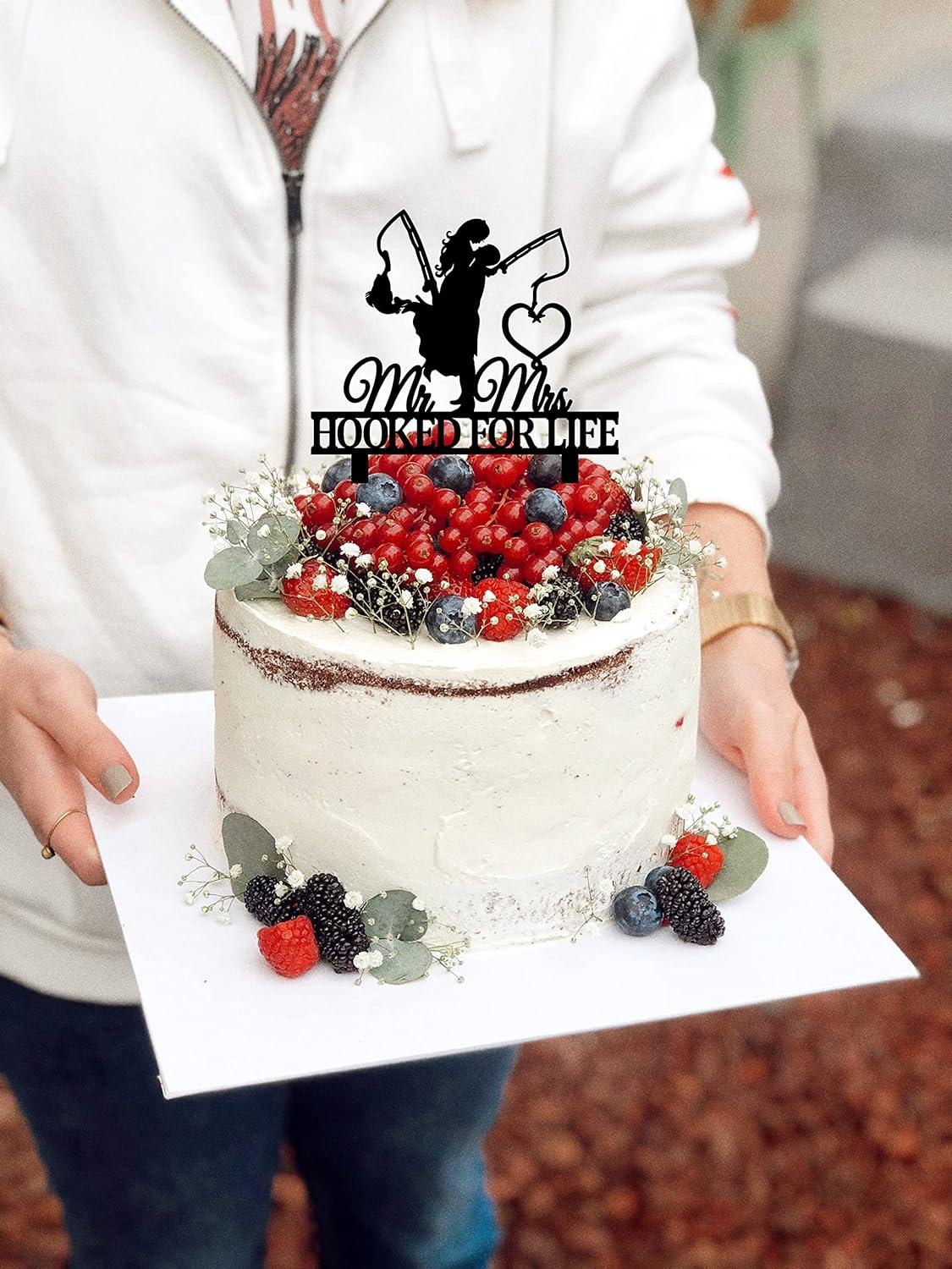 Funny Fishing Wedding Cake Topper - HOOKED FOR LIFE - Groom Hugging ...