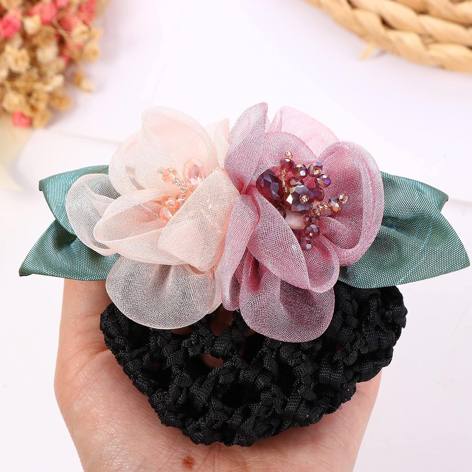 Women's Crochet Hair Bun Net with Flower Decor Hair Clip - 5 Colors ...