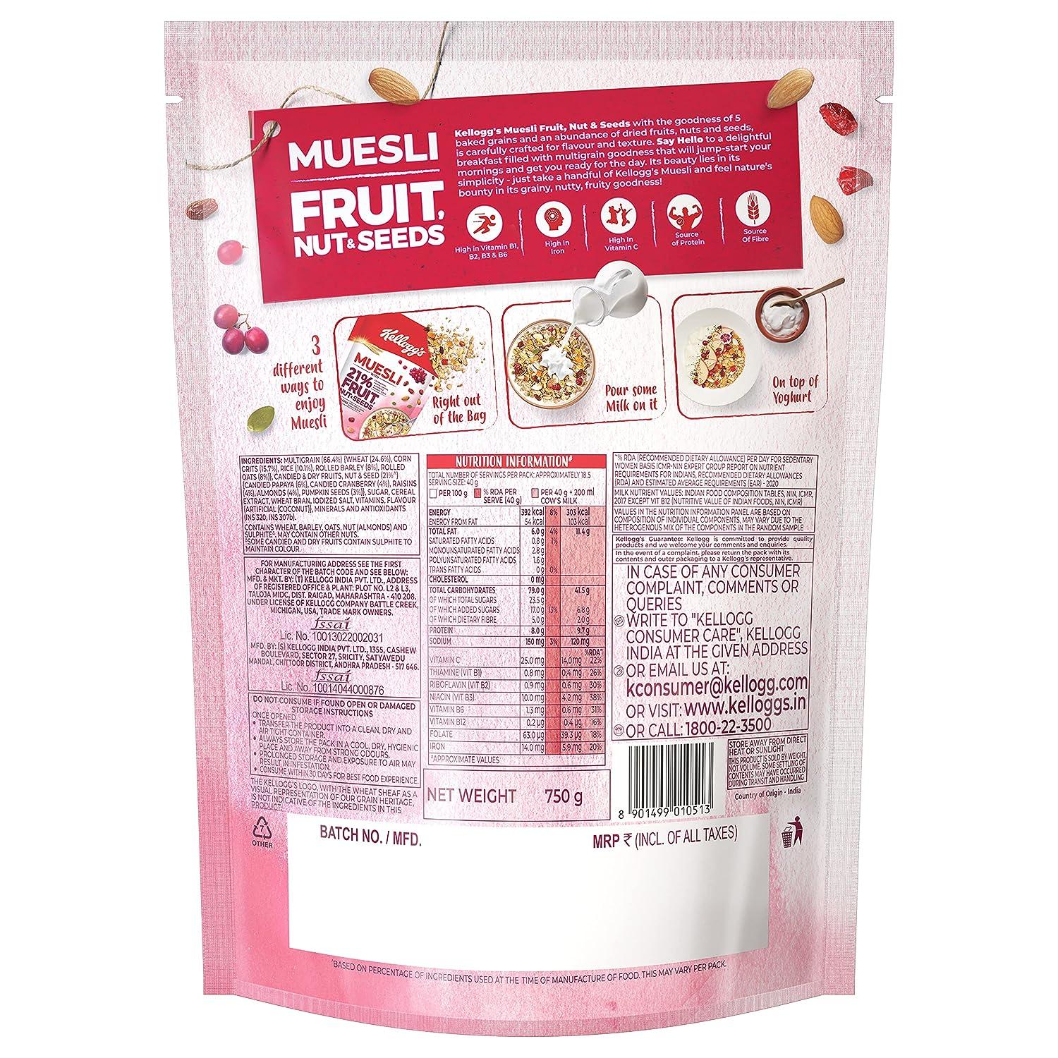 Kellogg's 21% Fruit and Nut Muesli Pouch - 750g | Delicious Breakfast ...