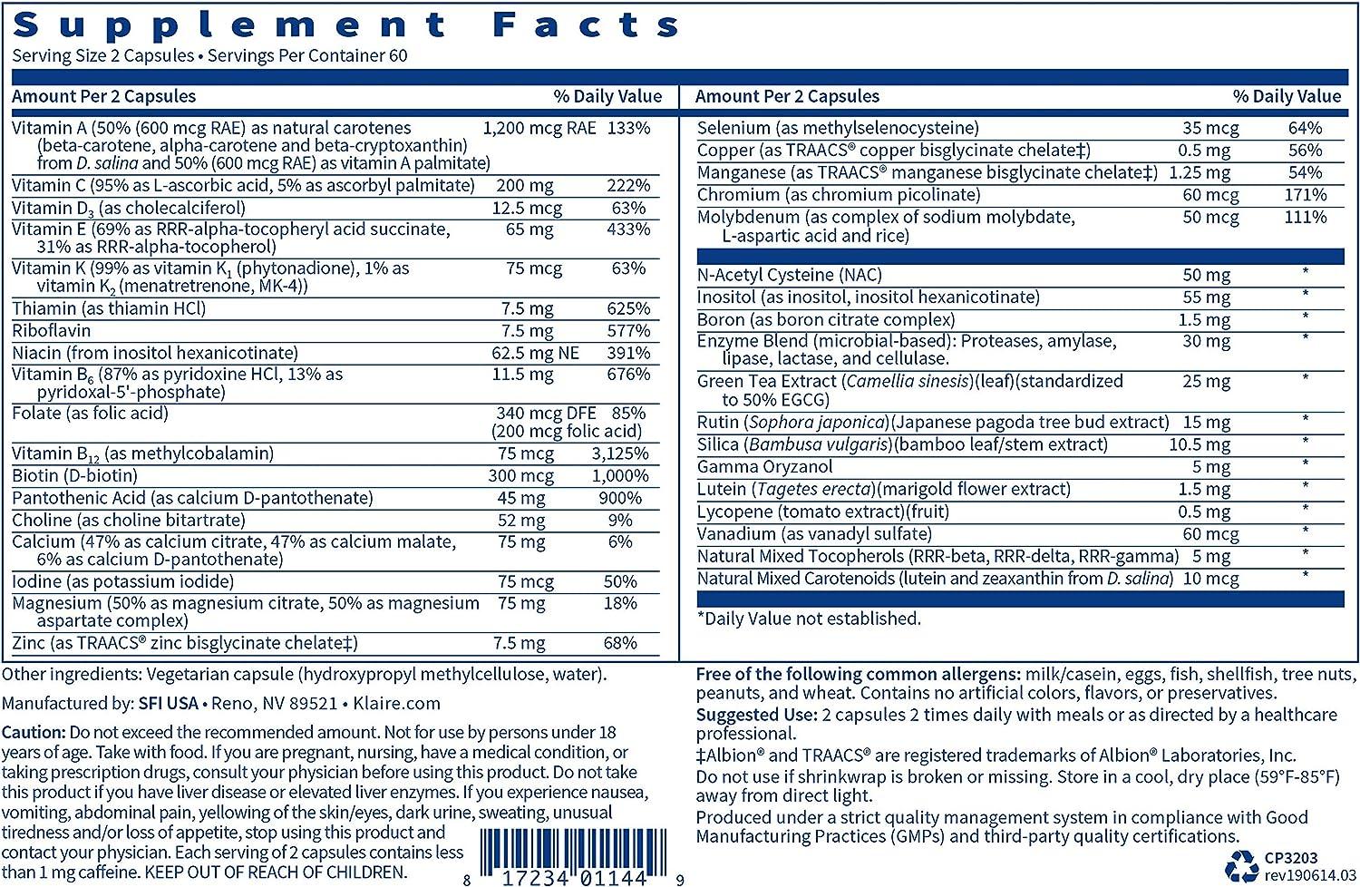 Klaire Labs Core Multi - Iron-Free Multivitamin & Multimineral ...