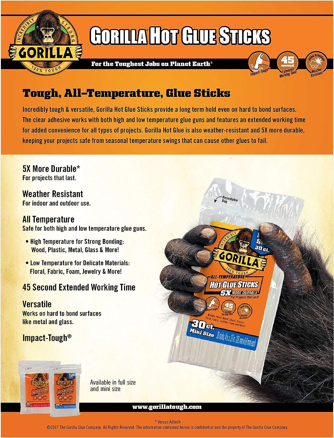 Gorilla Hot Glue Sticks Full Size 4" Long x .43" Diameter 30 Count ...