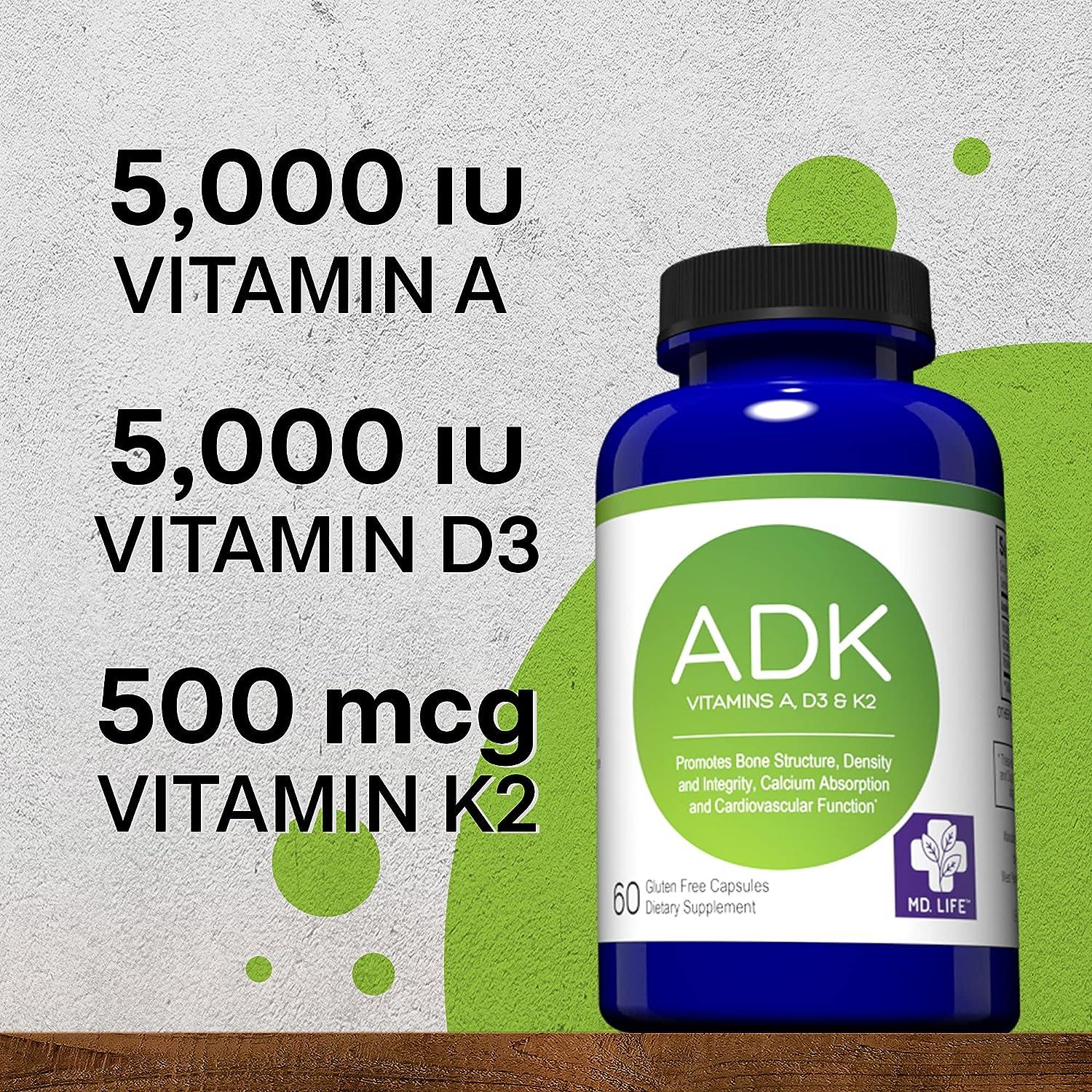 MD.LIFE ADK Vitamin Supplement - High Potency Vitamin D3 K2 A Complex ...