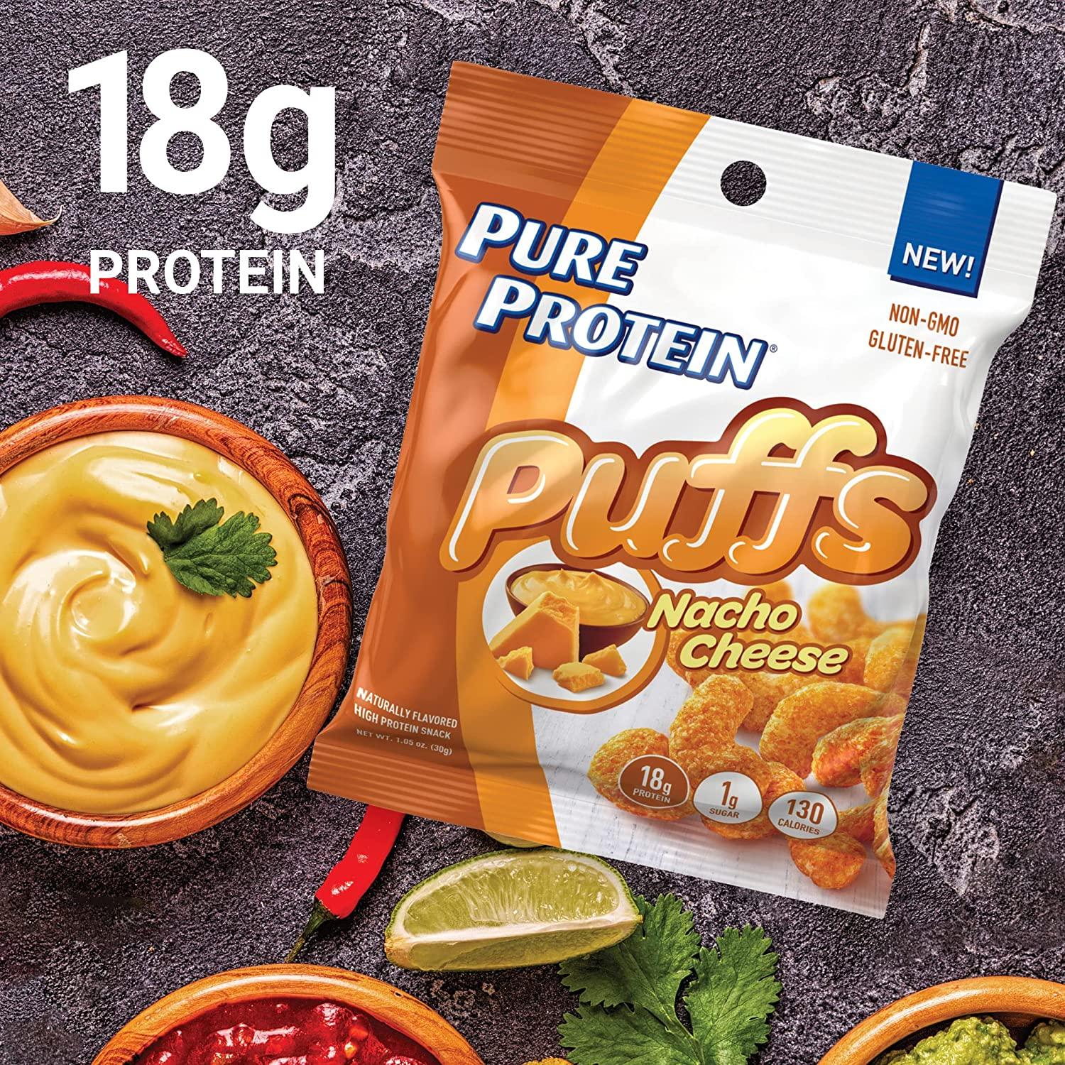 Pure Protein Puffs Nacho Cheese Snack 18g High Protein 1.05oz - 12 Count