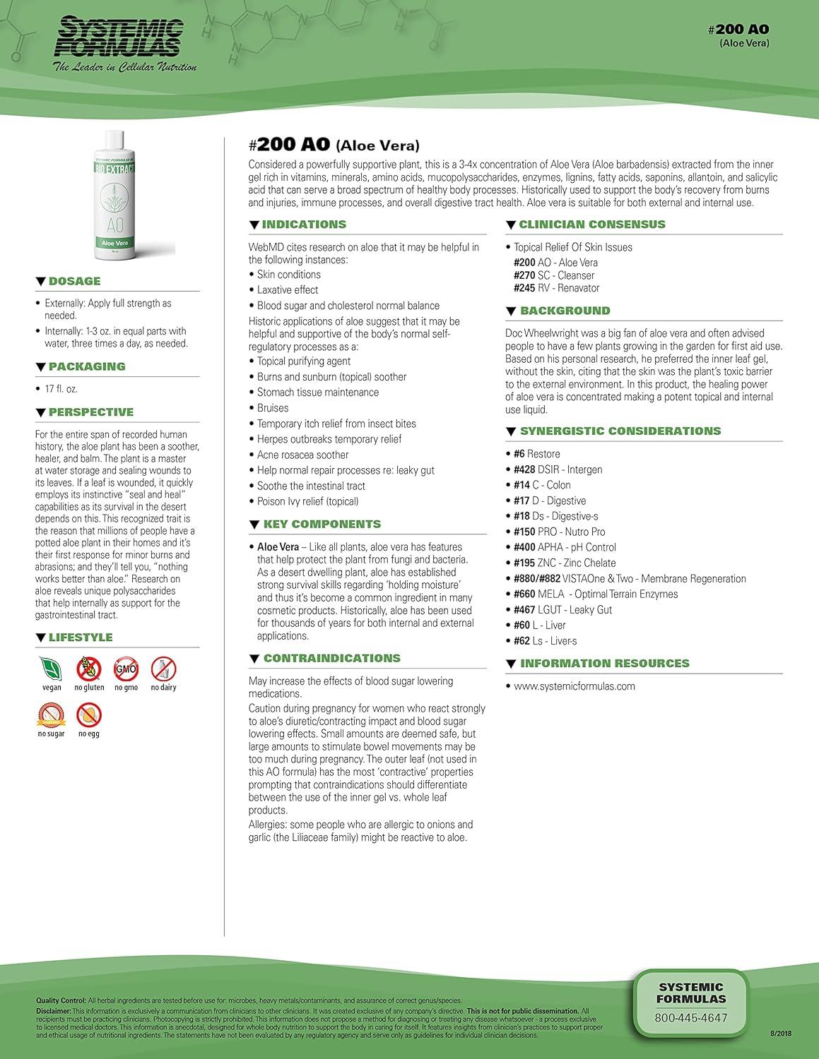 Systemic Formulas AO Aloe Vera 16 Fl Oz BioExtract 200 - Concentrated ...