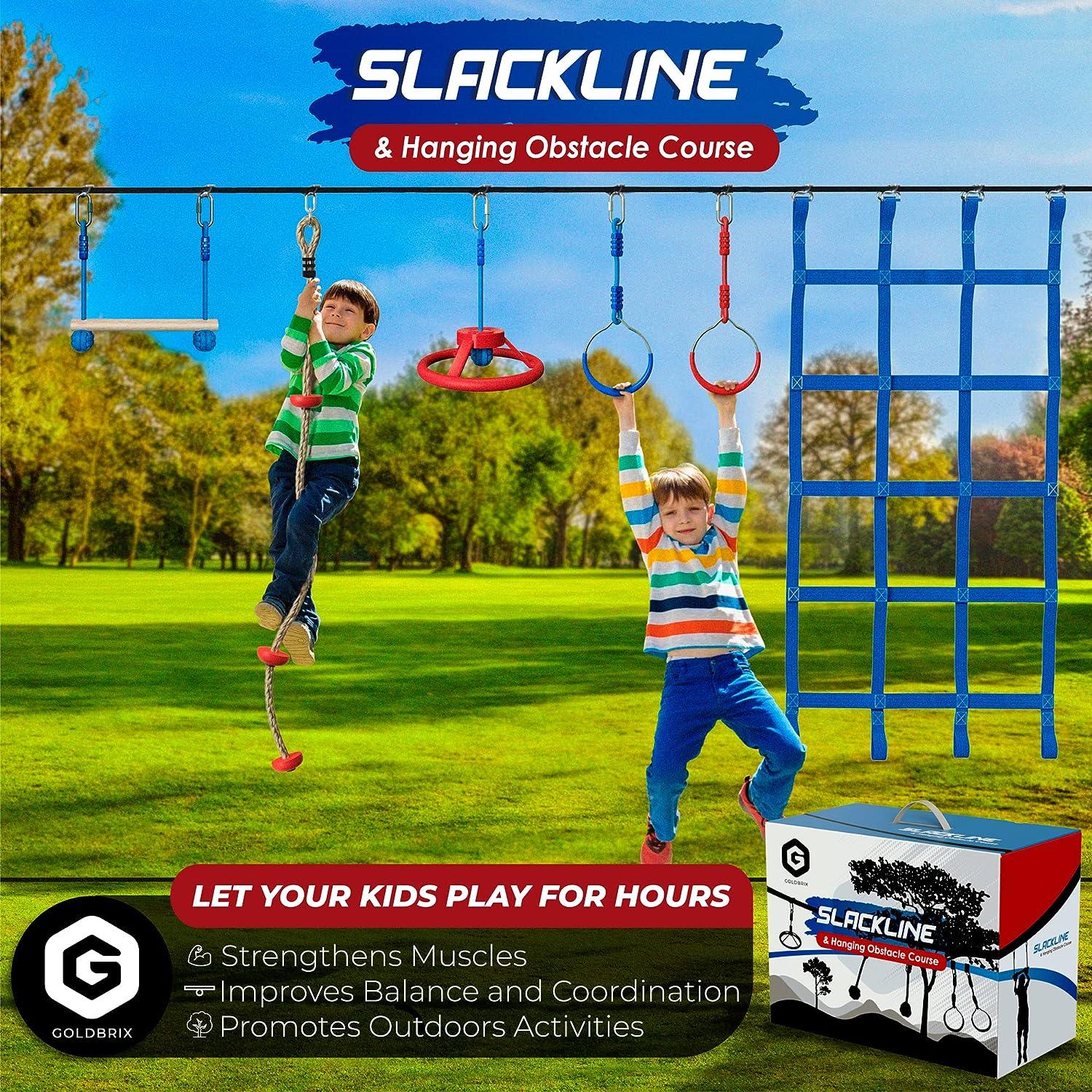 GOLDBRIX Kids Ninja Slackline 65 FT Obstacle Course | Adjustable ...