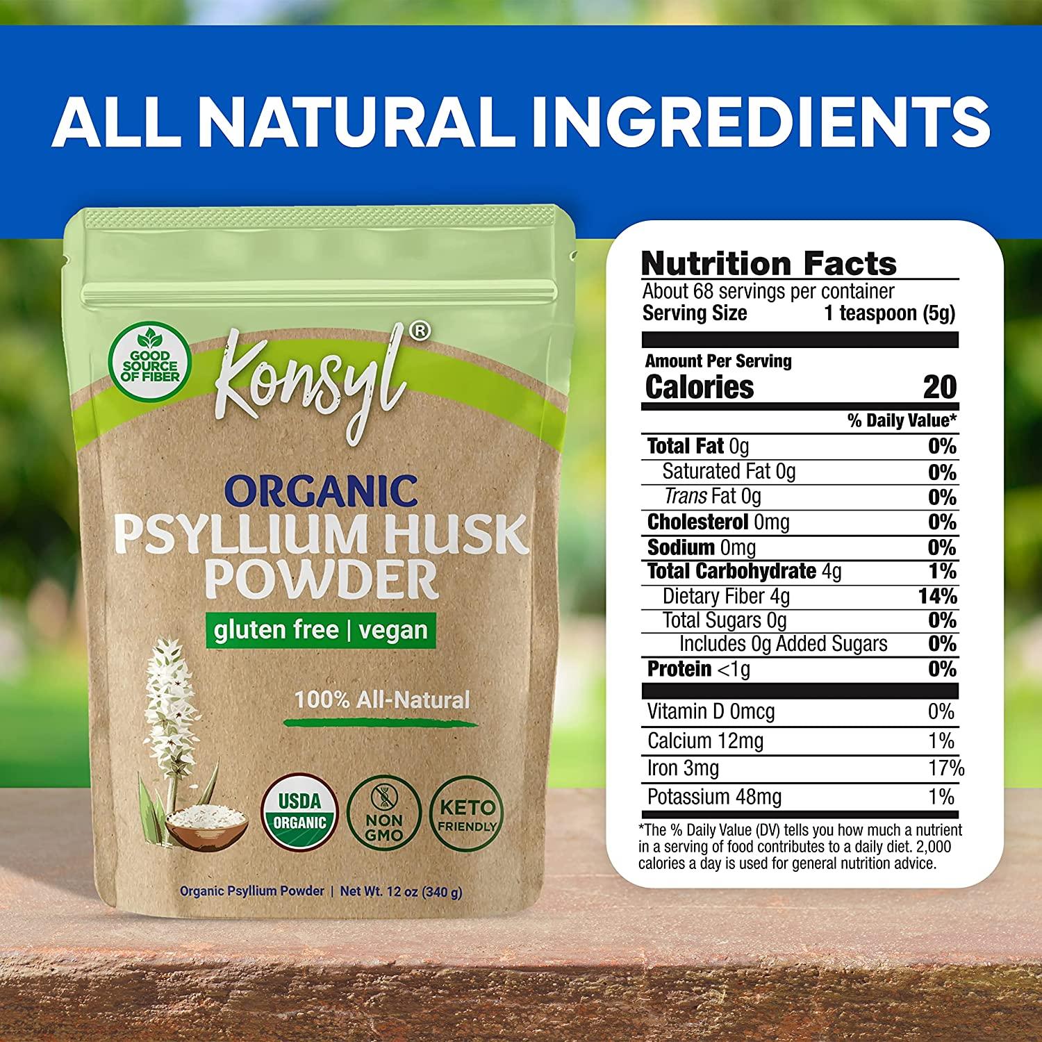 Konsyl Organic Psyllium Husk Powder - 340g Gusset Bag - USDA Certified ...