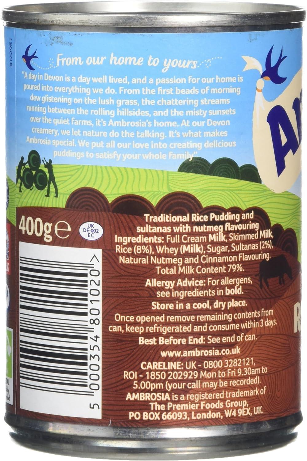 Ambrosia Devon Rice Pudding with Sultanas & Nutmeg - 400g Can (Pack of ...