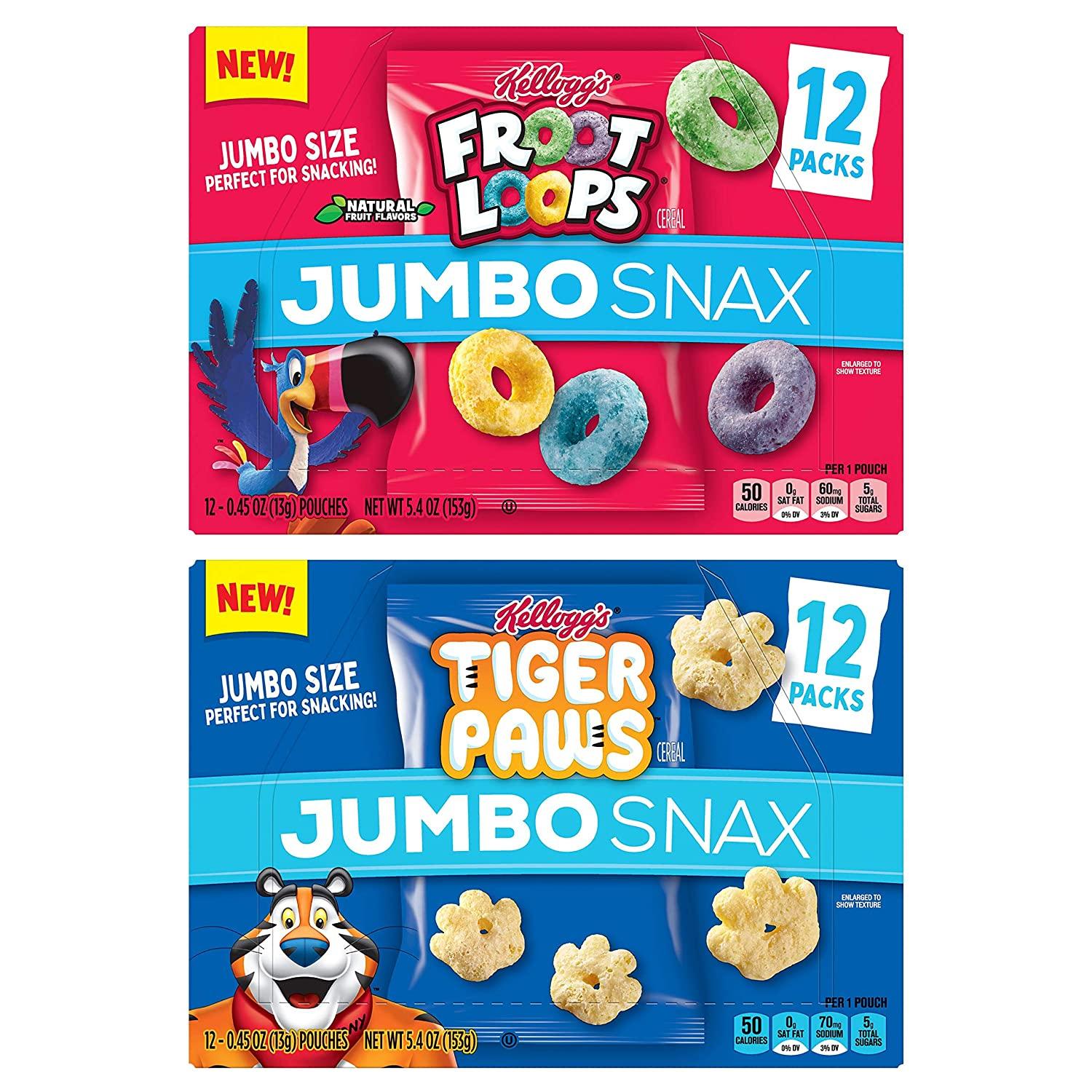 Kellogg's Jumbo Snax Cereal Snacks, Variety Pack, Tiger Paws, and Froot ...