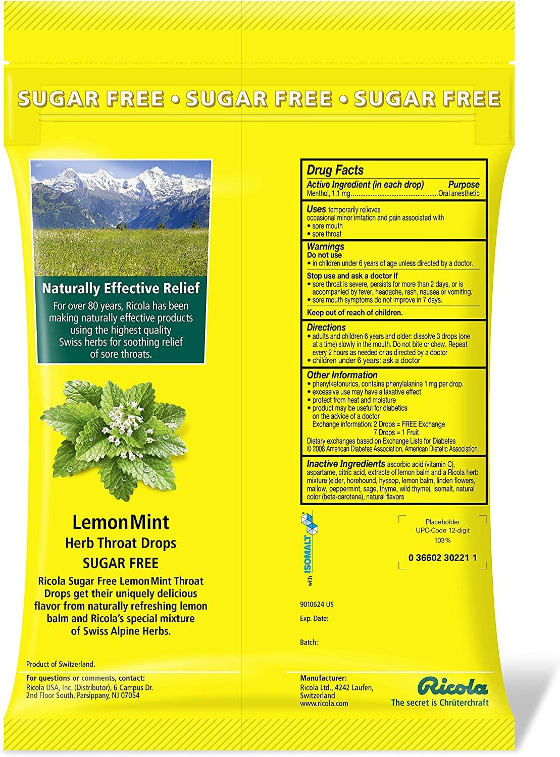 Ricola Sugar Free Lemon Mint Herbal Cough Suppressant Throat Drops - 105ct | Buy Now with ...