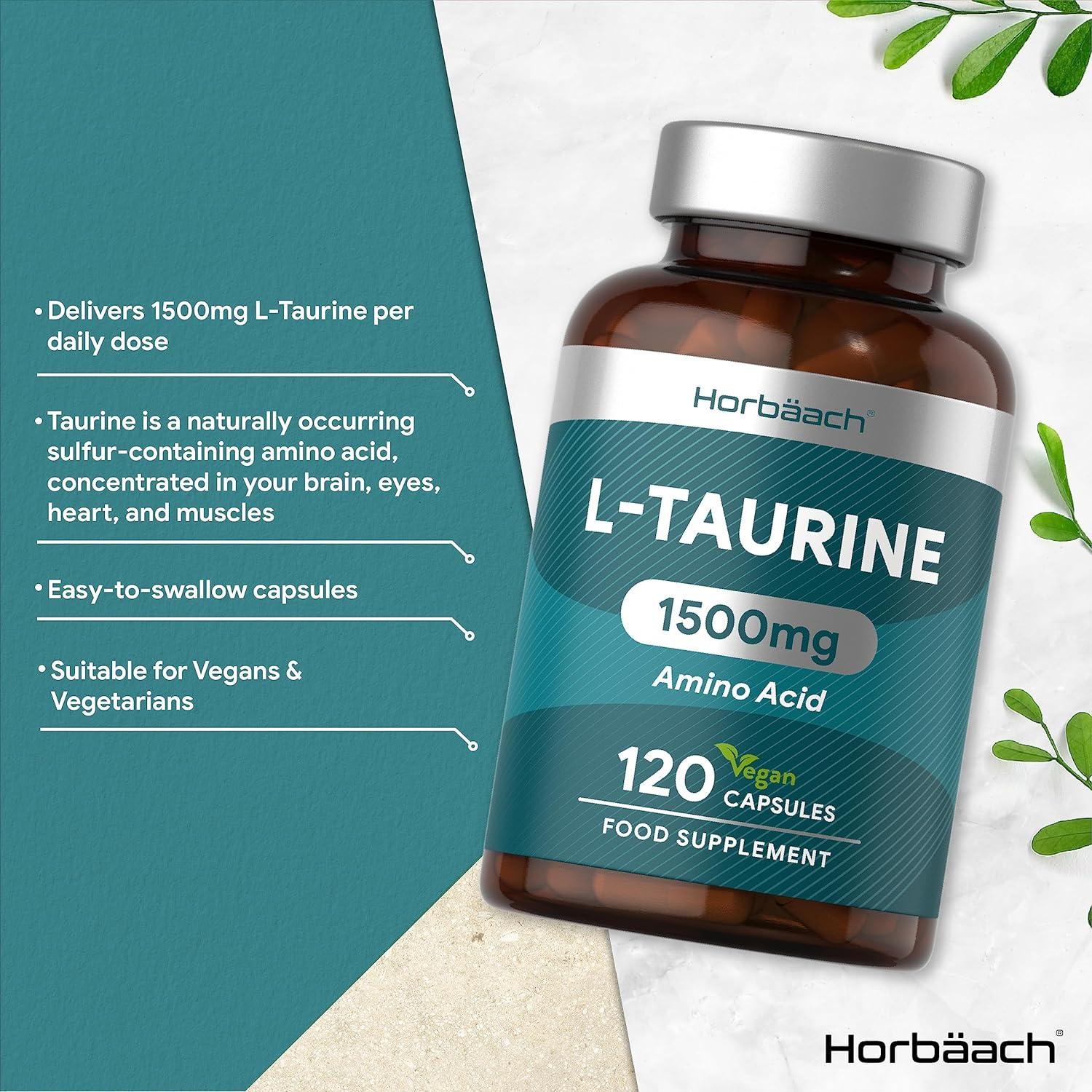 L Taurine 1500mg Supplement 120 Vegan Capsules | Amino Acid by Horbaach ...