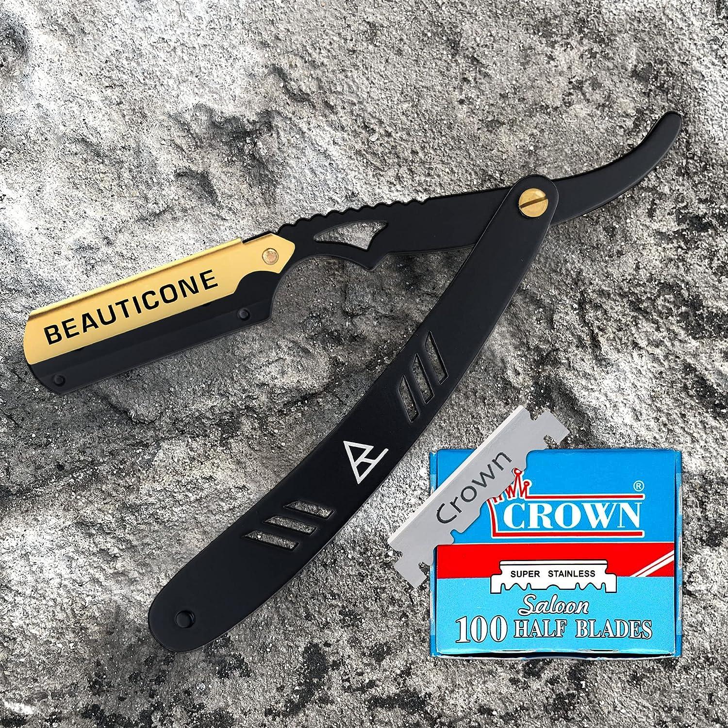 BEAUTICONE Professional Gold Plated Straight Razor for Men with 100 ...