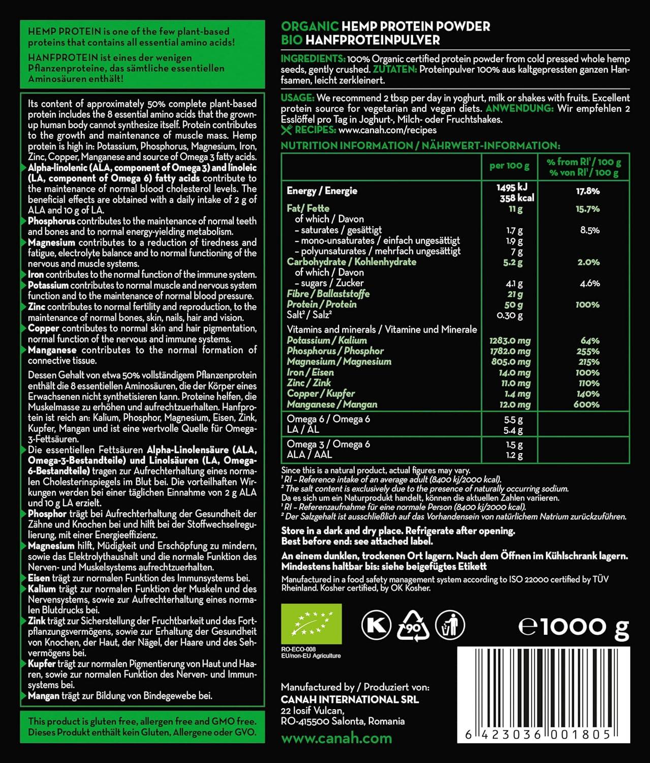 Canah Organic Hemp Protein Powder 1kg Vegan High in Protein Fibre Omega ...