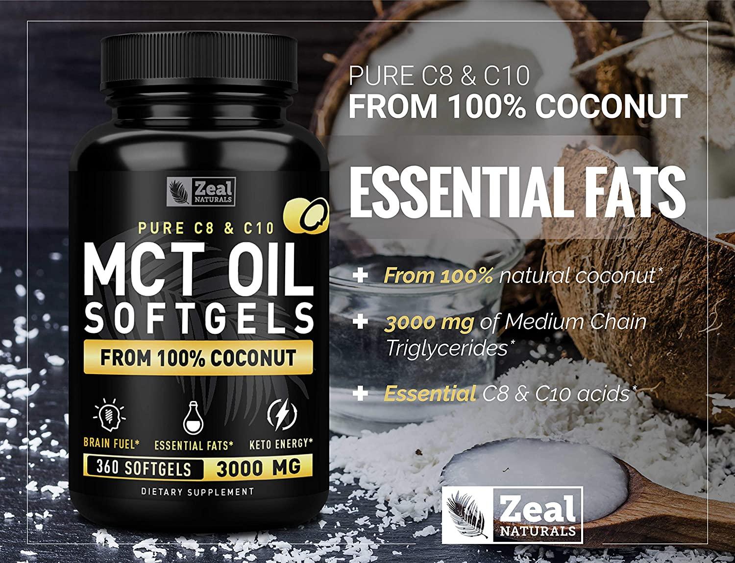 Pure MCT Oil Capsules (360 Softgels | 3000mg) - 4 Month Supply Keto Pills with Unrefined Coconut ...