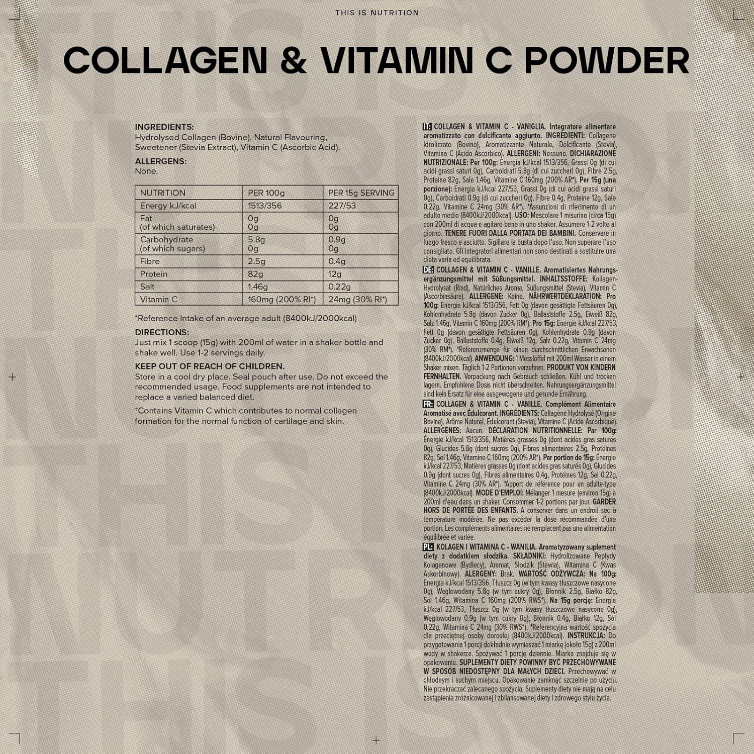 Bulk Collagen & Vitamin C Powder - Vanilla Collagen Peptides 500g ...