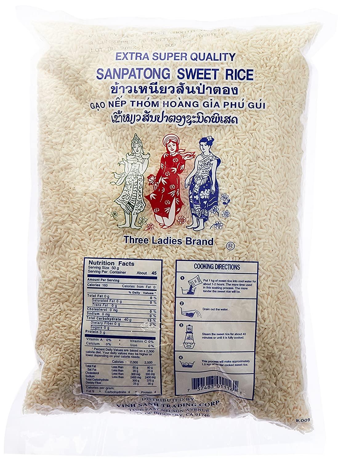Three Ladies Sanpatong Sweet Rice 5 lbs - Authentic Thai Sticky Rice (1 ...
