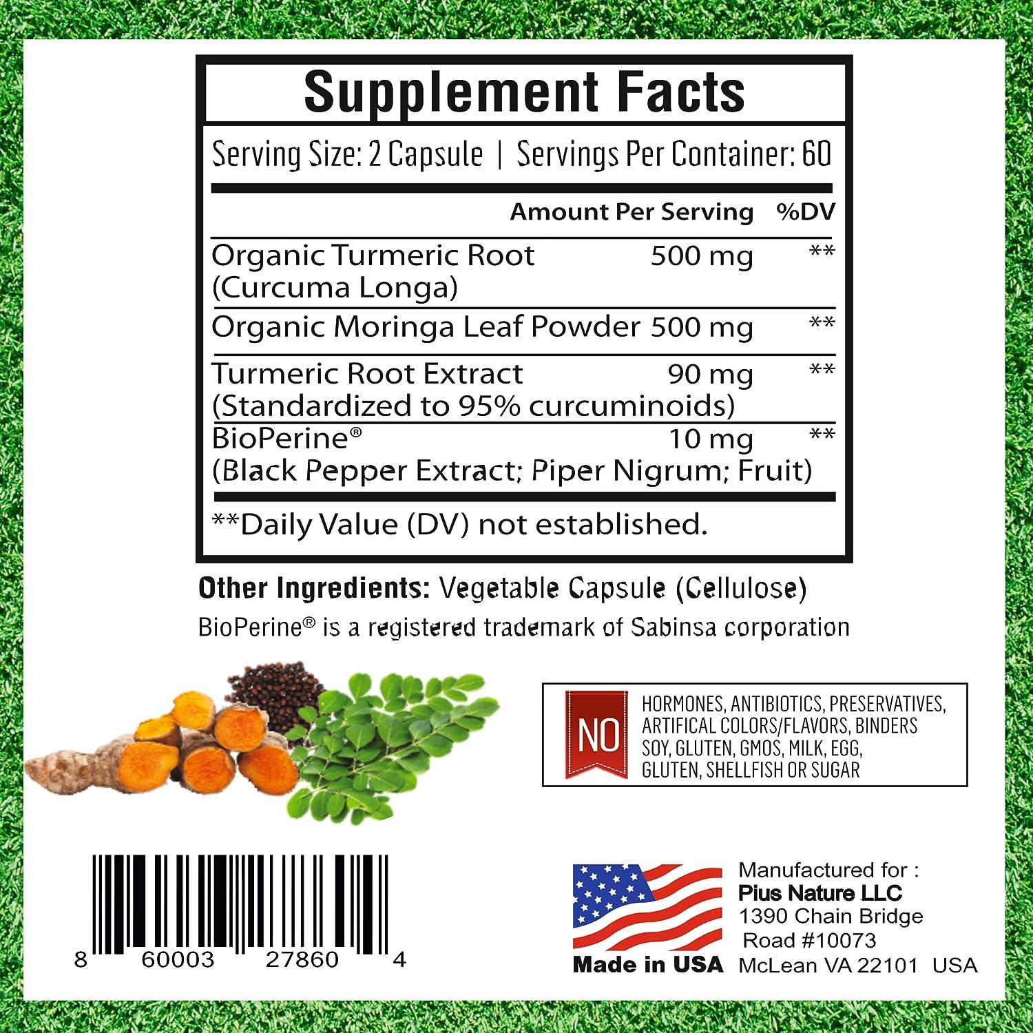 USDA Organic Turmeric & Moringa Capsules with 95% Curcuminoids - 120ct ...