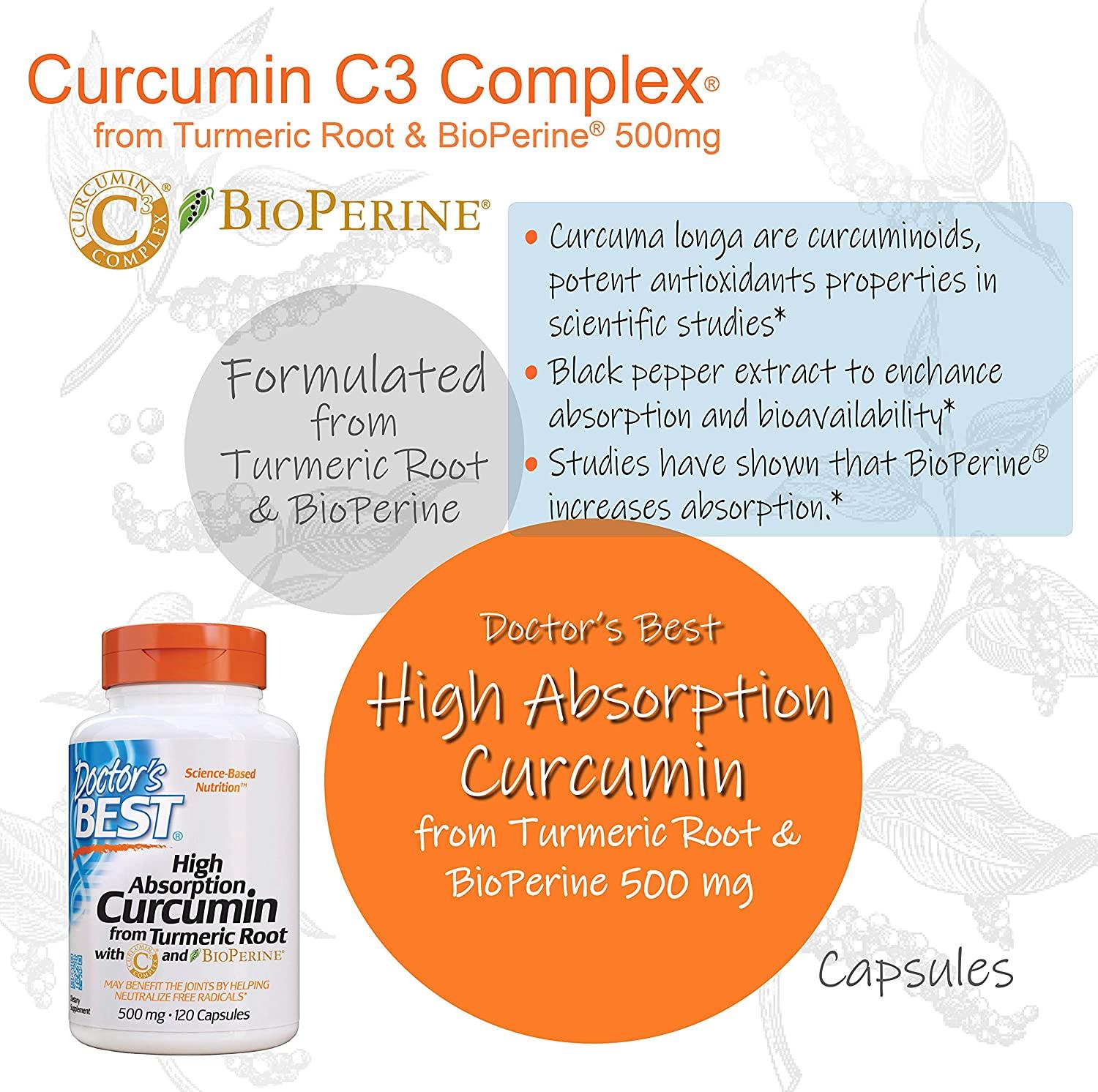 Doctor's Best High Absorption Curcumin 500mg (120 Capsules) with C3 ...