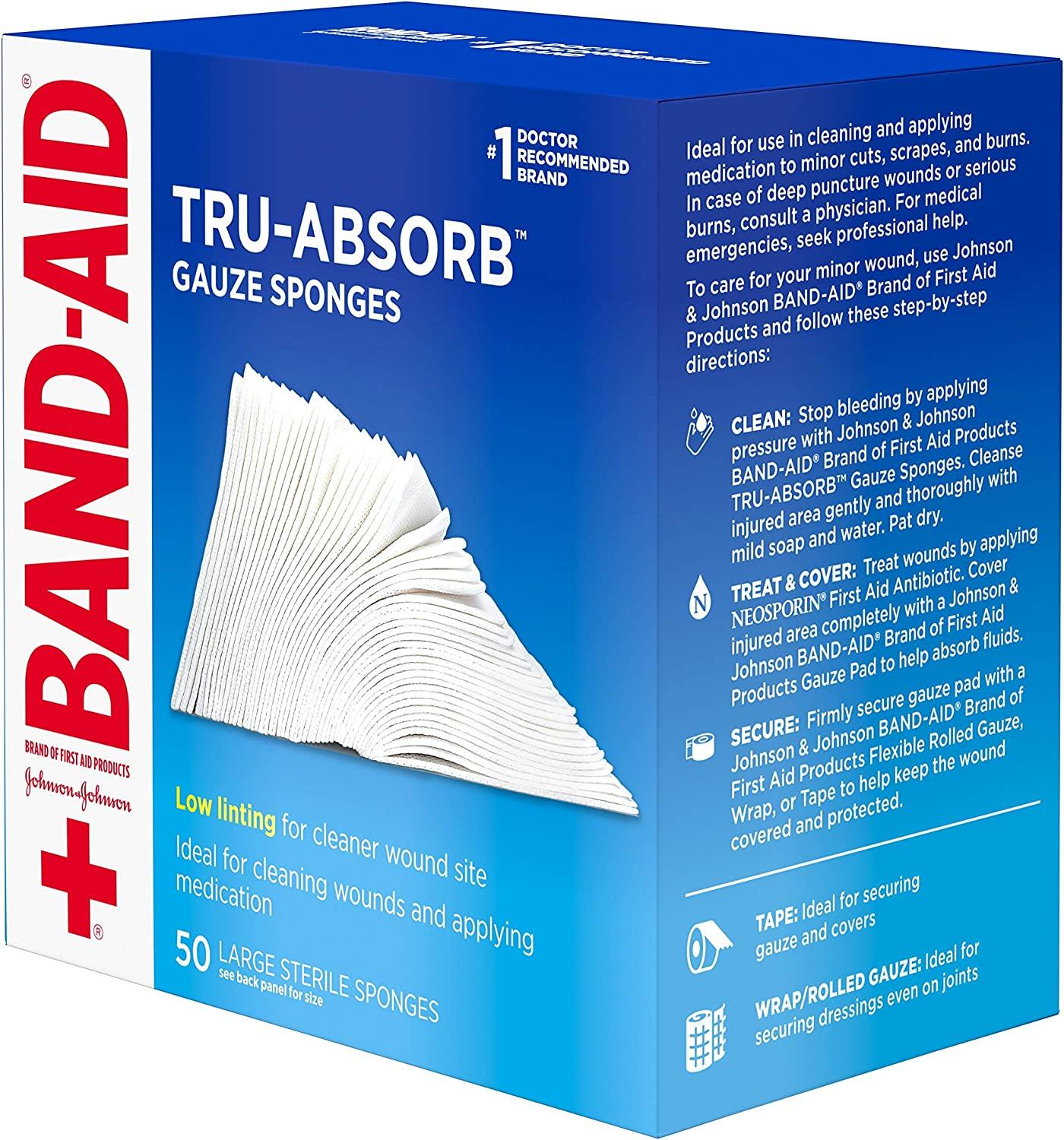 Band Aid Tru-Absorb Sterile Gauze Sponges 4x4 - 50 Count - Cleaning ...