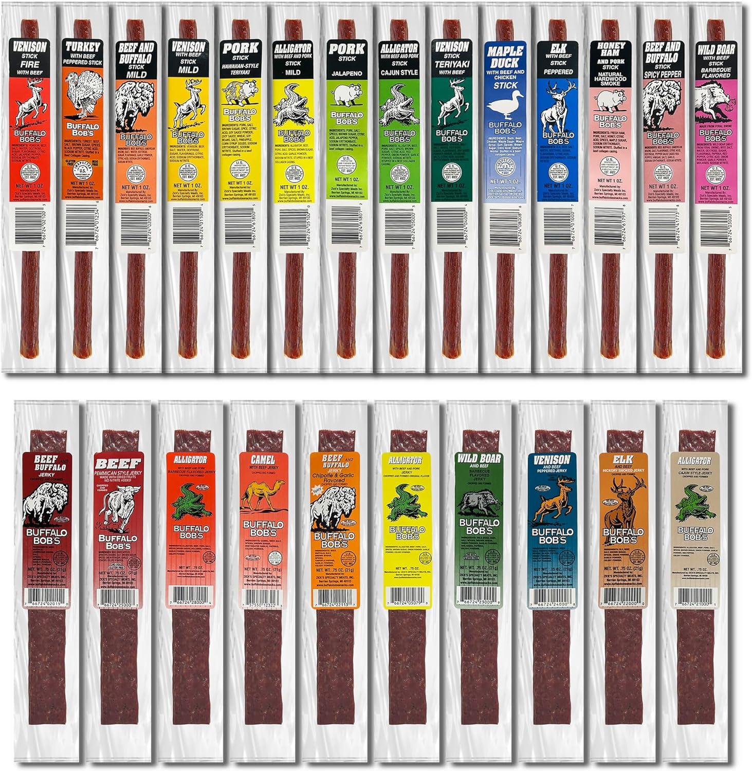 Buffalo Bob's Wild Game Meat Snacks (24 pack) - Ultimate Exotic Jerky Gift Box Stocking Stuffer ...