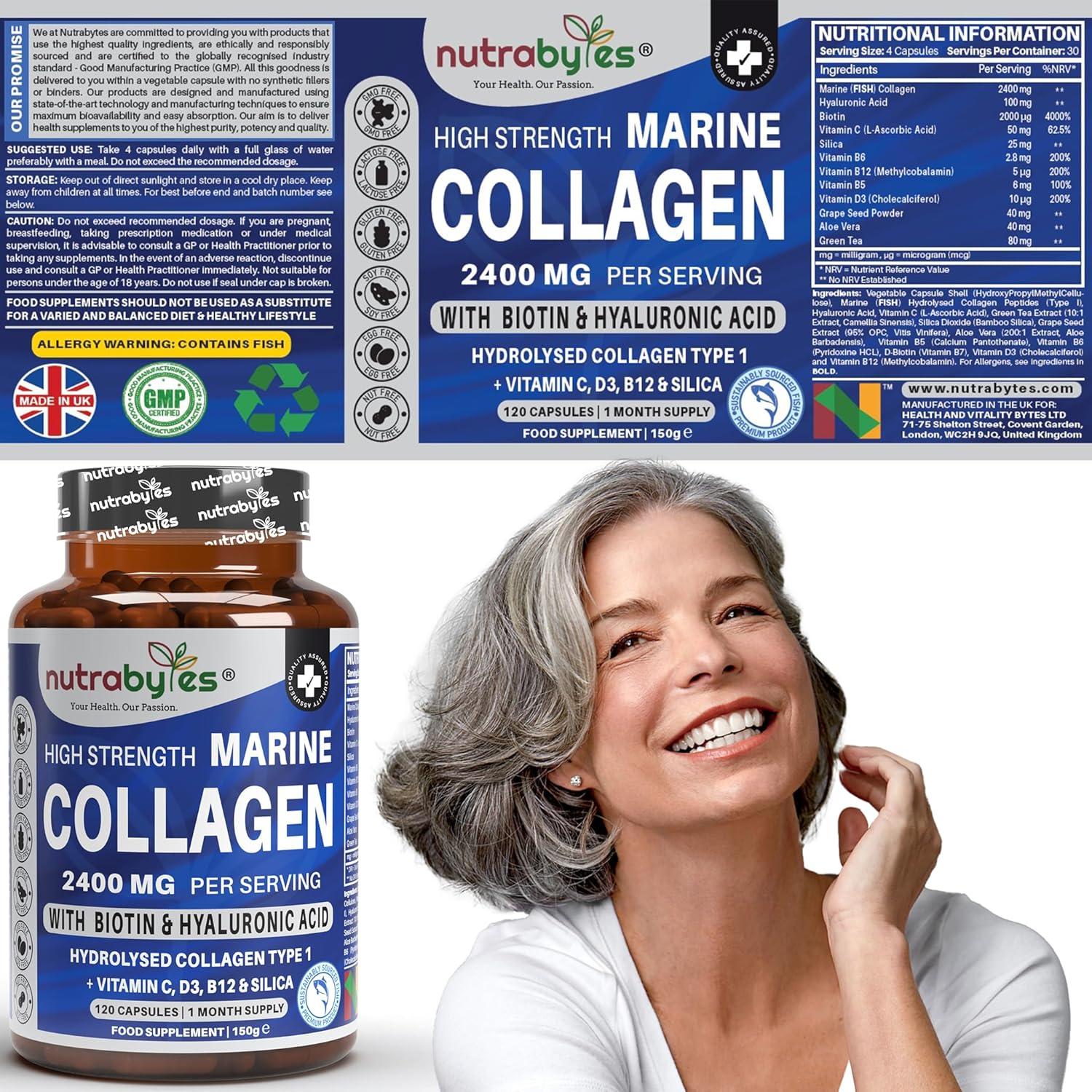 High Strength Marine Collagen 2400mg with Hyaluronic Acid 100mg Biotin ...