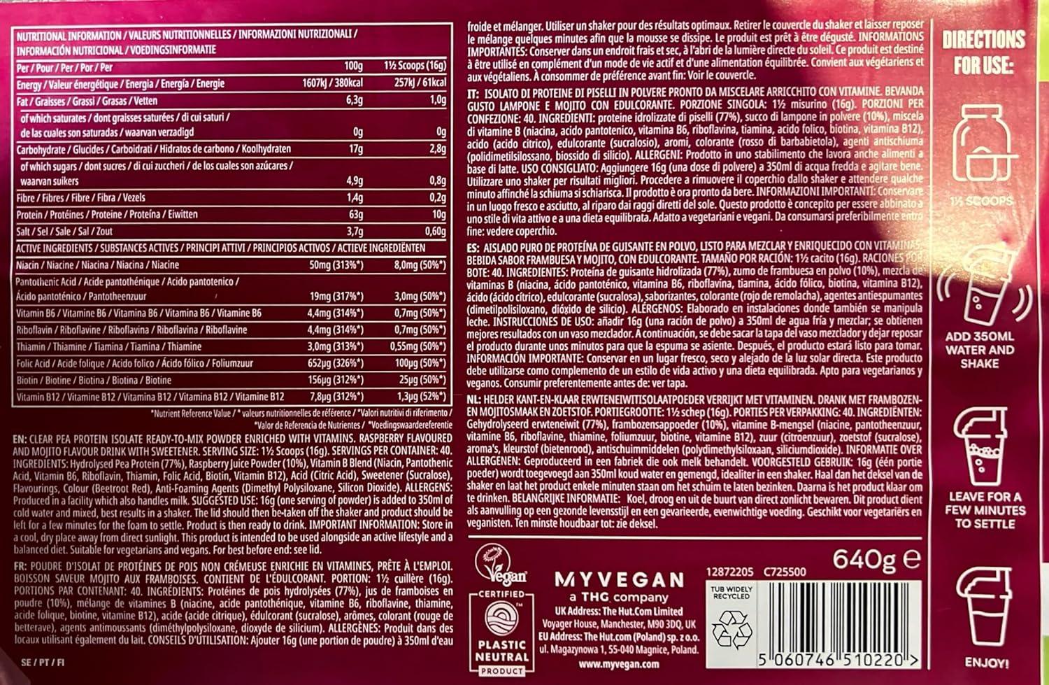 Myprotein Clean Vegan Plant Protein Powder - Raspberry Mojito 320g ...