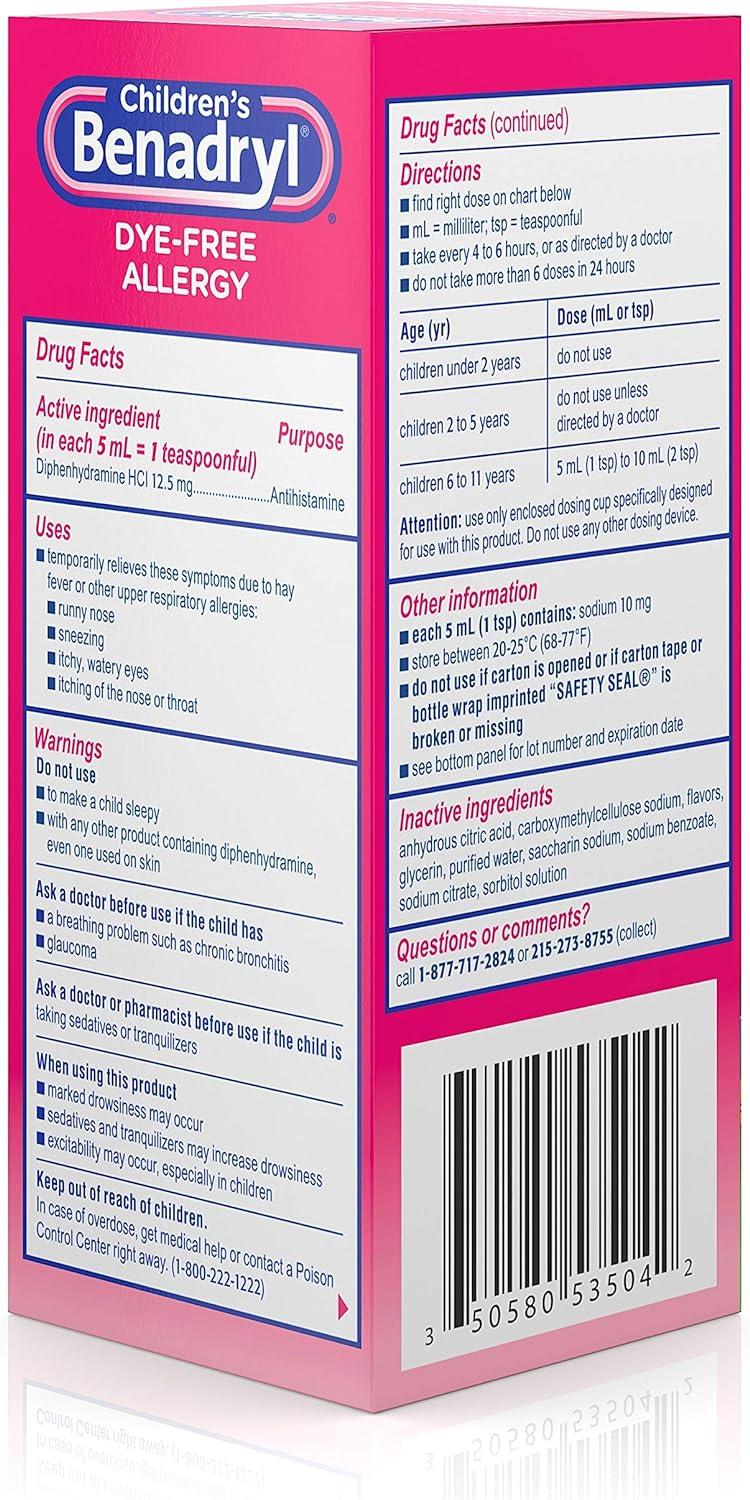 Children s Benadryl Antihistamine Allergy Relief Dye-Free Liquid Bubble ...