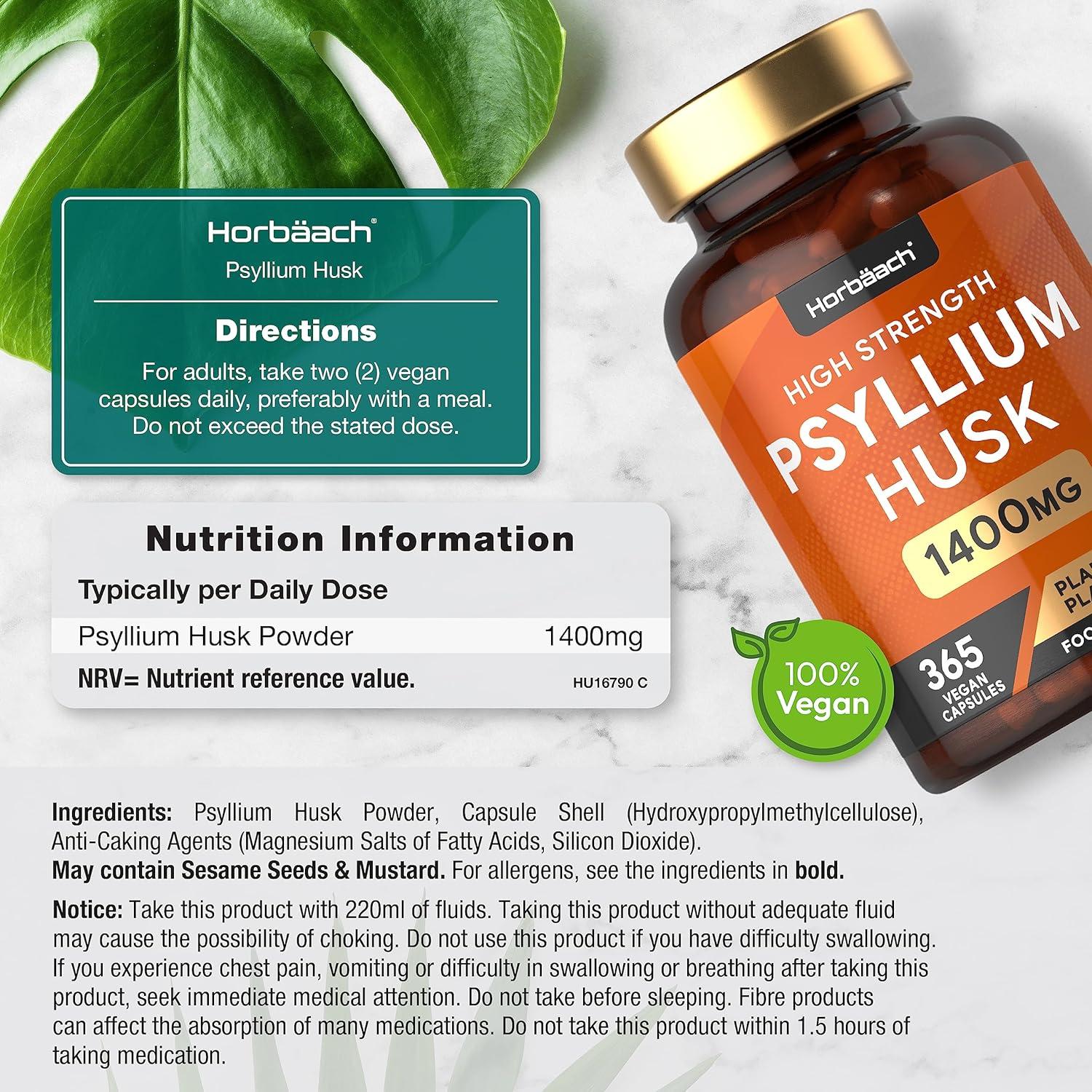 Psyllium Husk Capsules 1400mg - 365 Vegan Capsules | High Strength ...