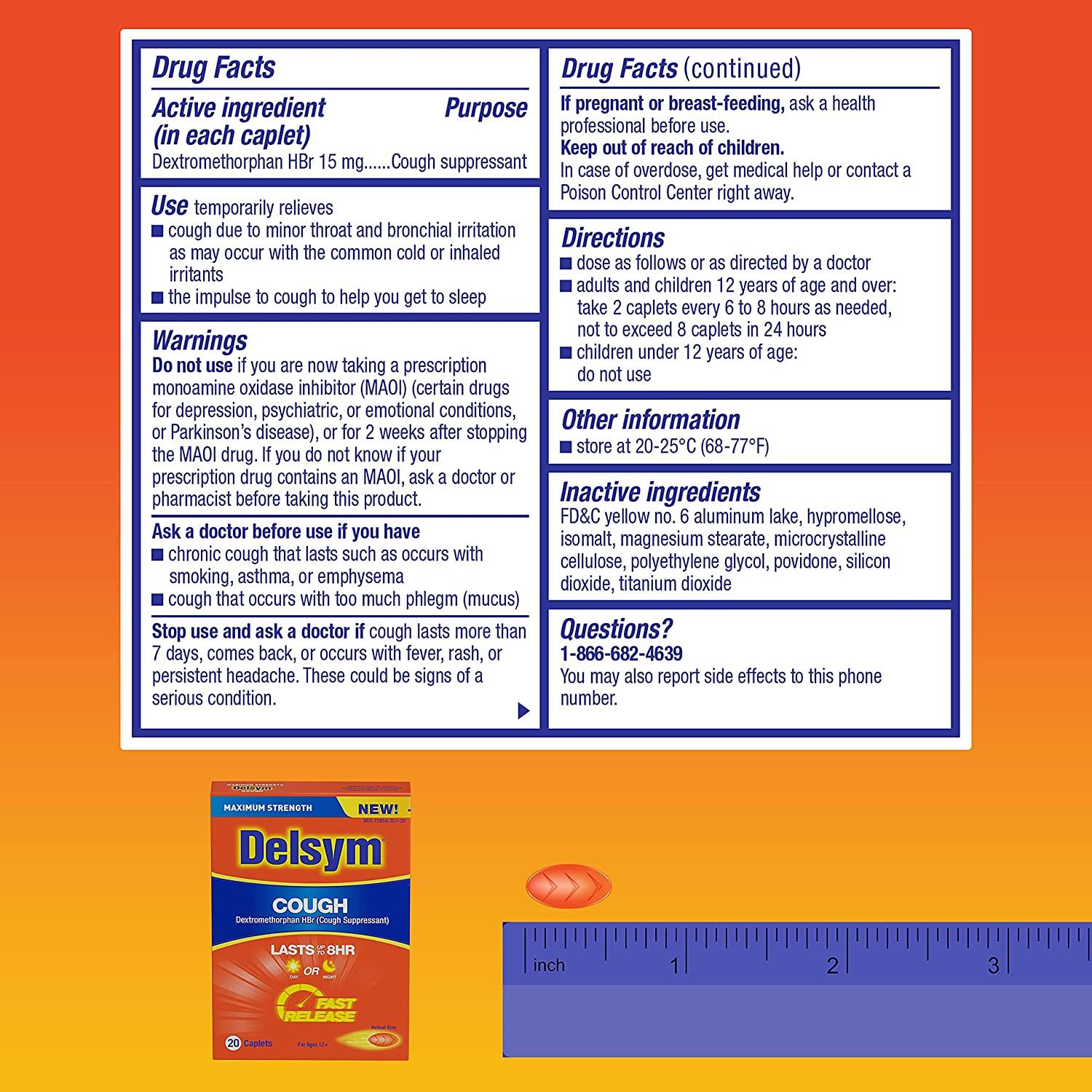 Maximum Strength Delsym Cough Suppressant, Fast Release Caplets, Lasts up to 8 Hour Day or Night ...