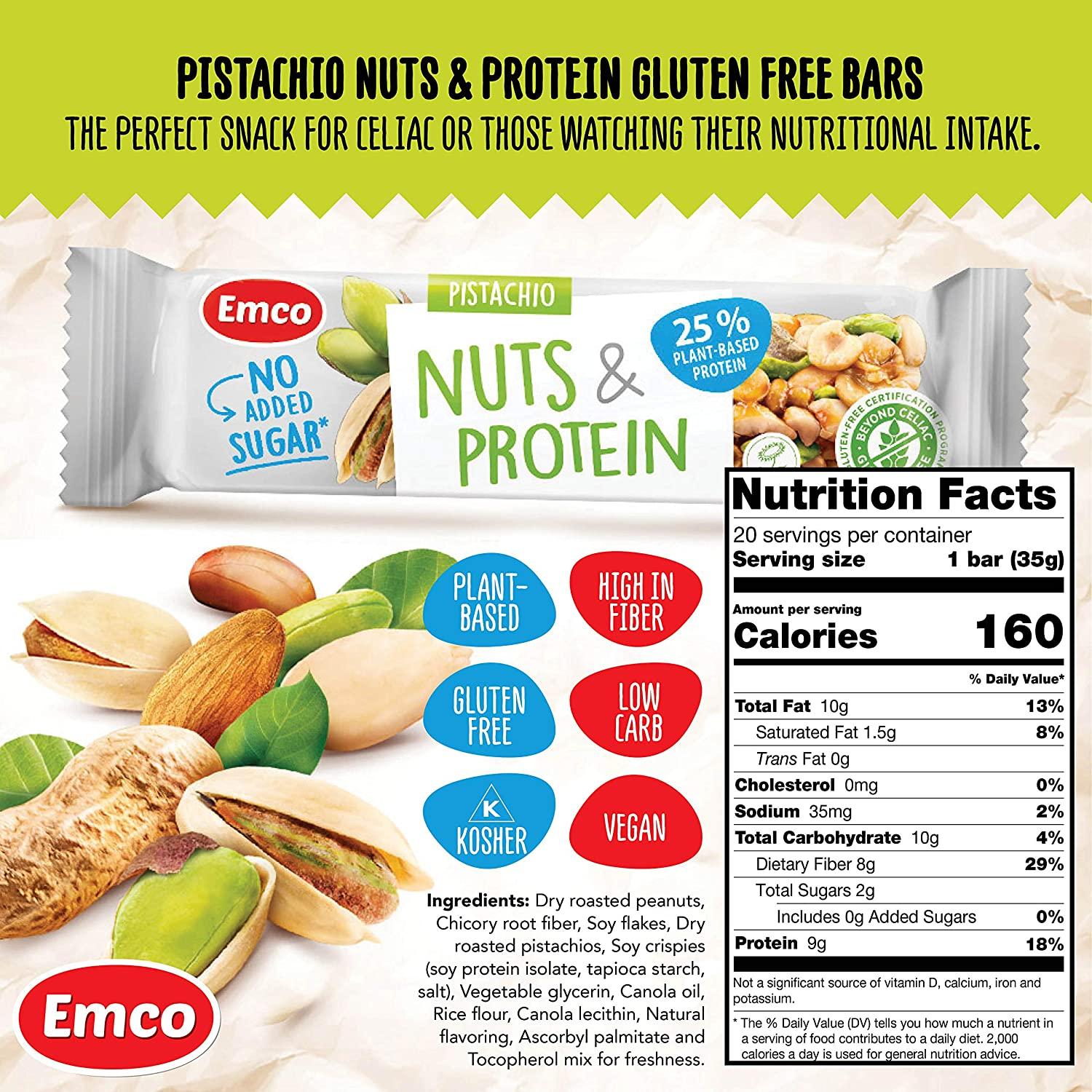Pistachio Nuts & Protein Bars by Emco - Keto, Gluten-Free, Vegan & Kosher | Plant-Based Snack ...