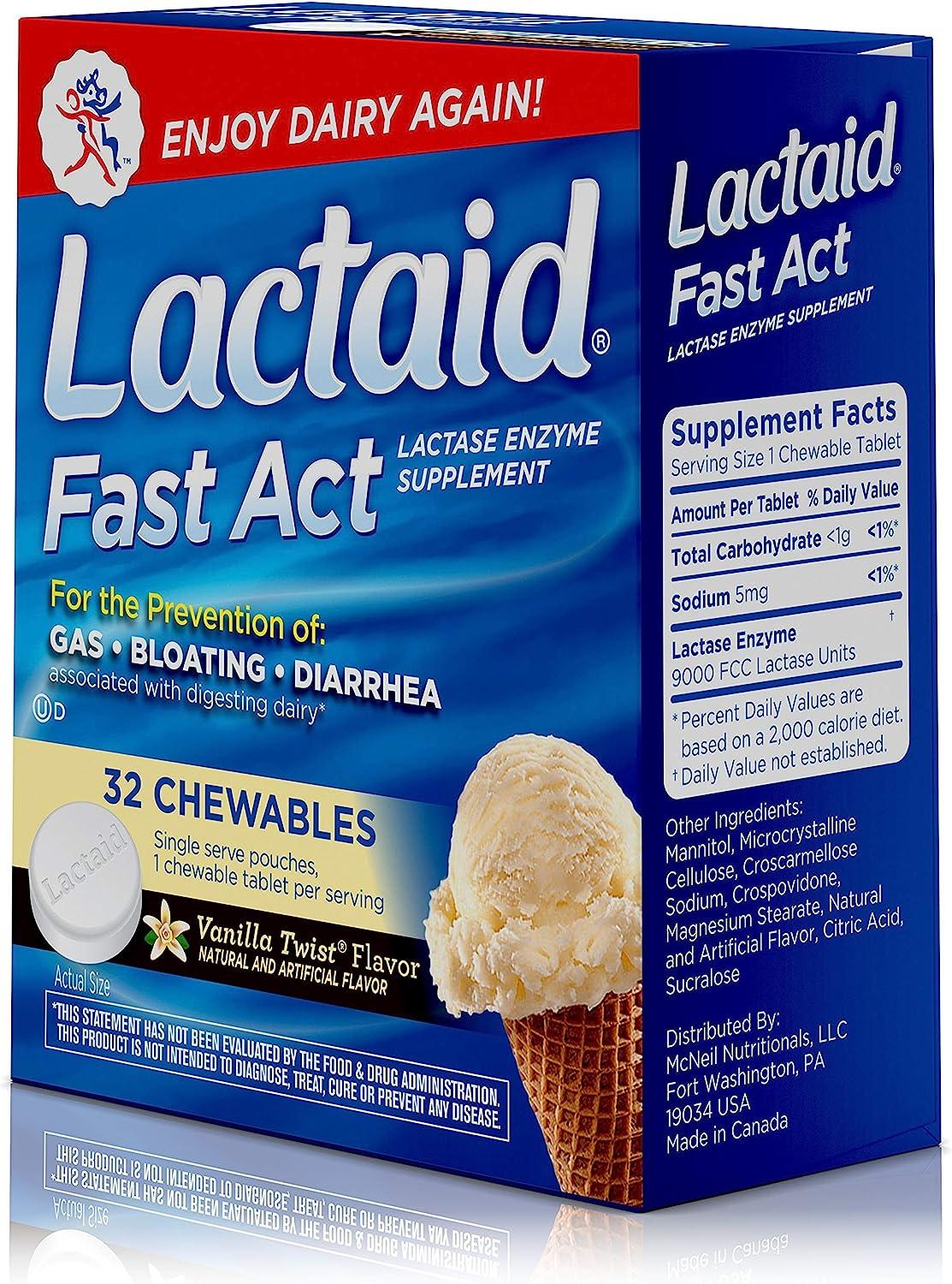 Lactaid Fast Act Vanilla Twist Chewables - 32 Pack, Lactase Enzymes for ...
