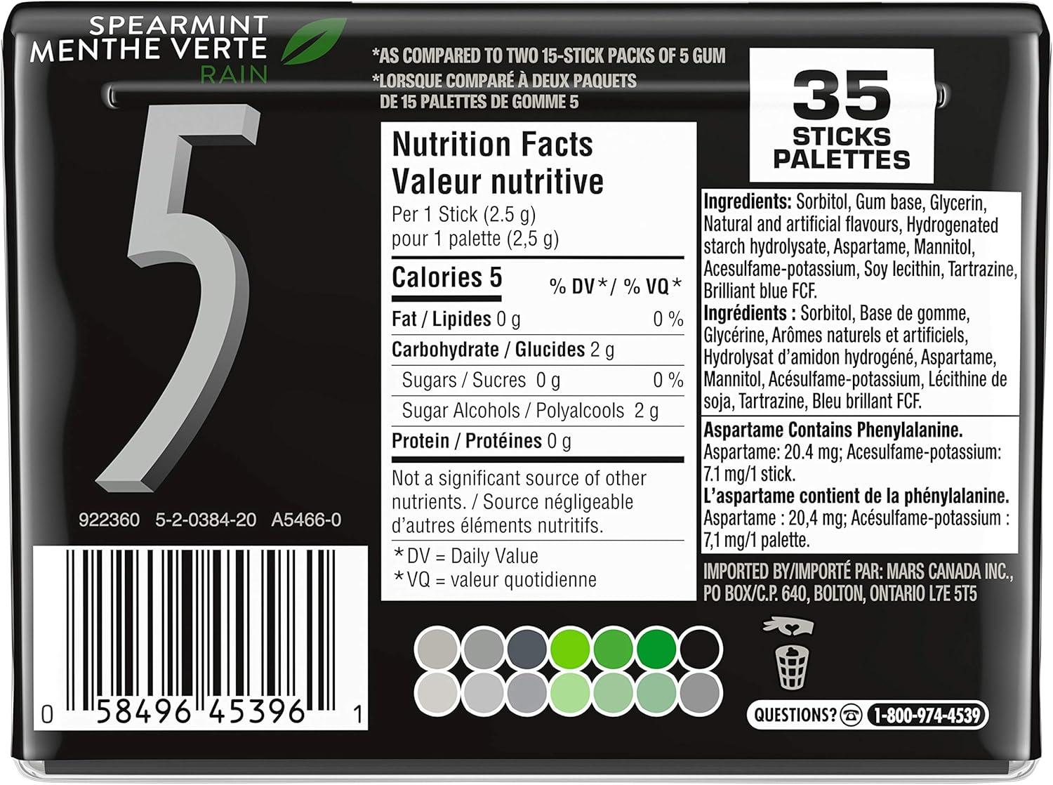 5 GUM Spearmint-Rain Flavoured Sugar Free Chewing Gum 35 Sticks 1 Pack ...