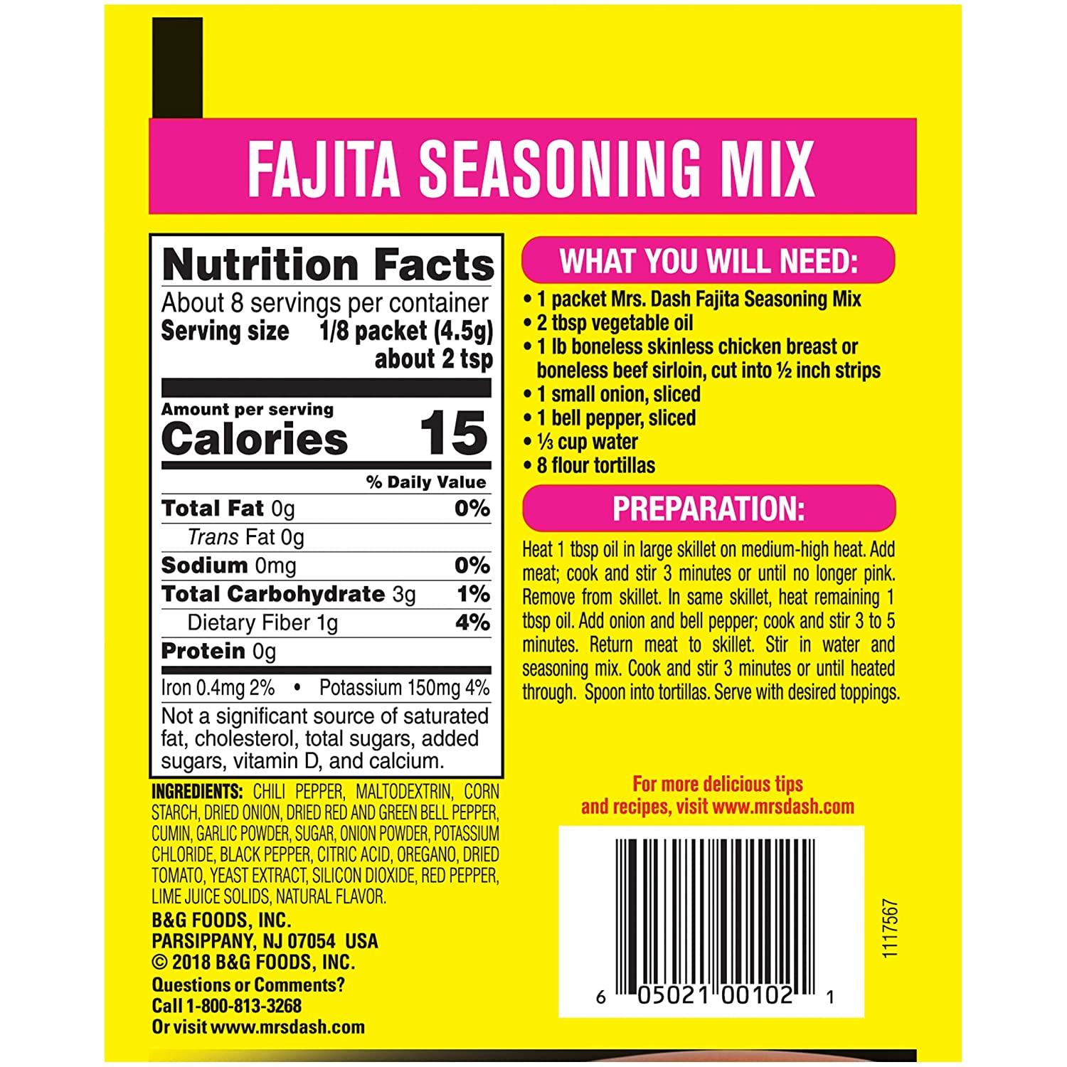 Mrs Dash Salt Free Fajita Seasoning Mix - Pack of 4 (1.25 oz Packets ...
