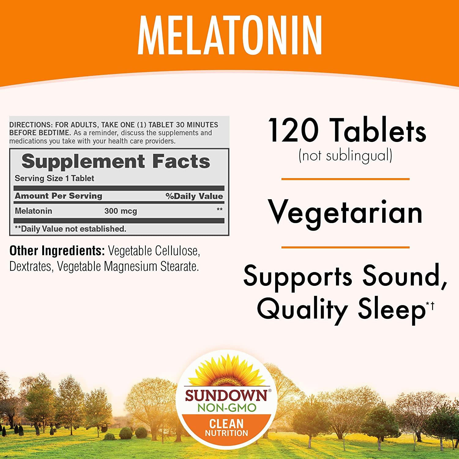 Sundown Naturals Melatonin 300 mcg - 120 Tablets for Sleep Support ...