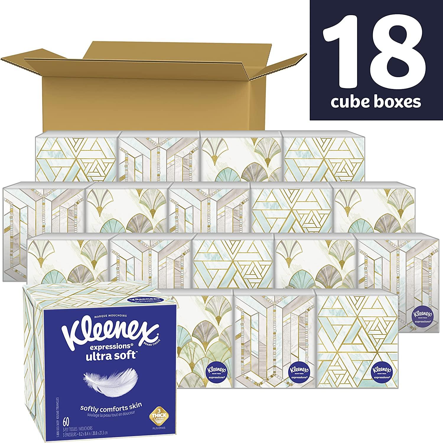 Kleenex Expressions Ultra Soft Facial Tissues 3-Ply, 18 Cube Boxes (60 ...