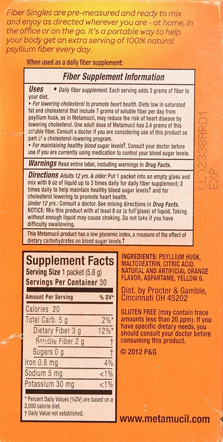 Metamucil Fiber Singles - Sugar-Free Orange, Smooth Texture, 30 Packets ...