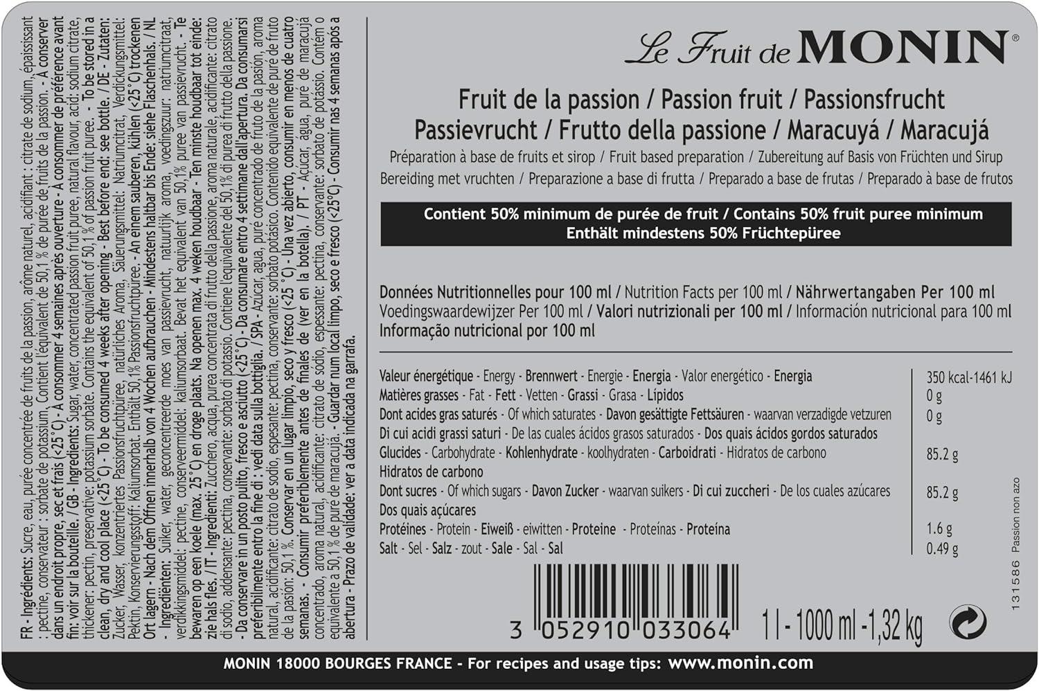 MONIN Passion Fruit Mix Puree 1L: Vegan-Friendly Cocktail Mixer with ...