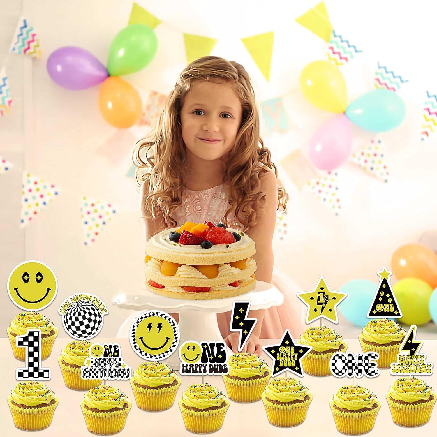 48Pcs One Happy Dude Cupcake Toppers Smiley Face Cupcake Topper One ...