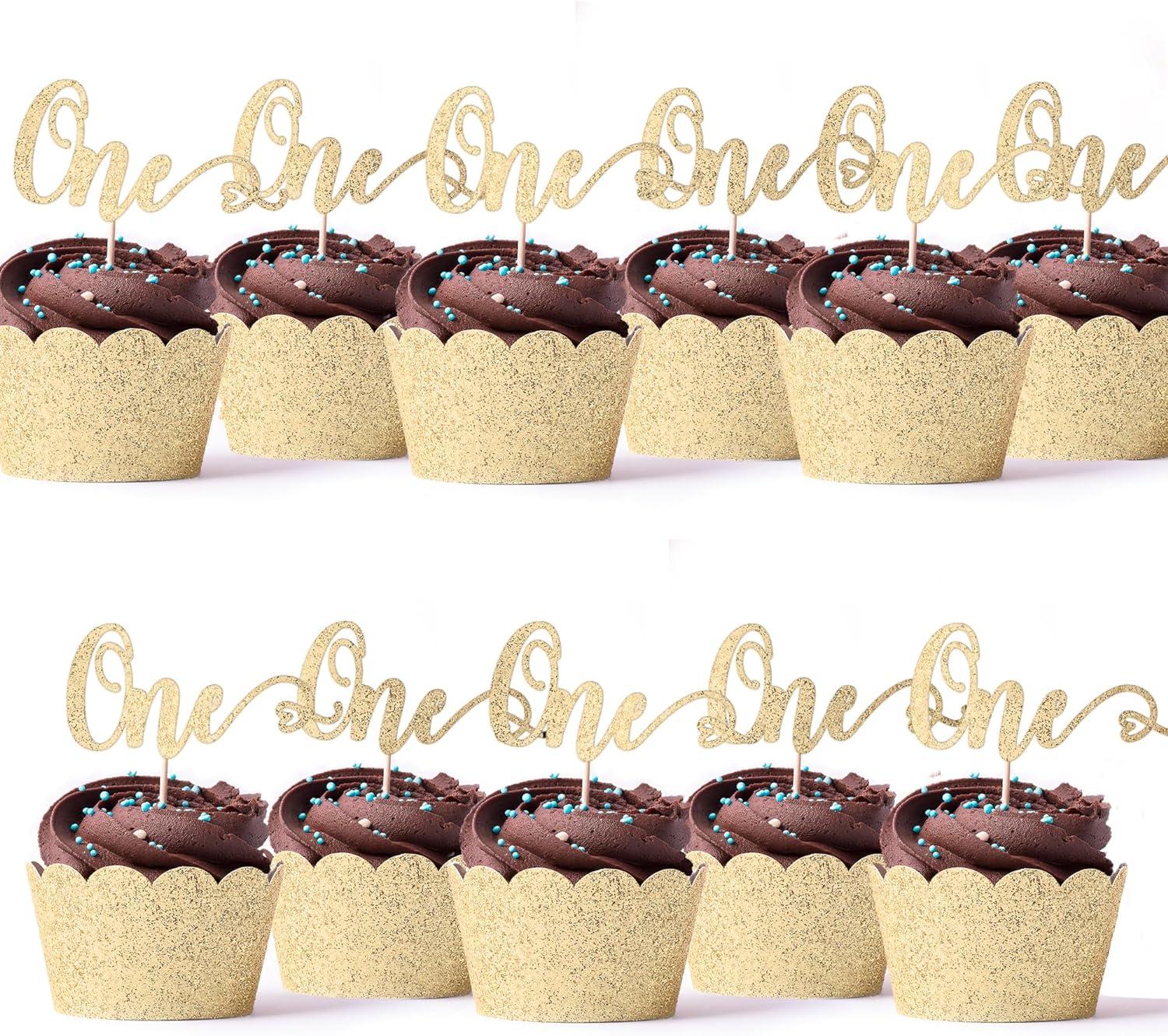 XOXOKristin 18 PCS Gold Glitter One Cupcake Topper for Baby First ...
