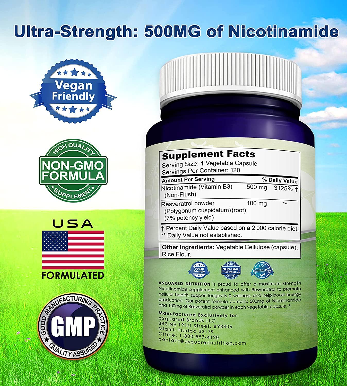 Nicotinamide with Resveratrol 500mg - 120 Vegetarian Capsules for NAD ...