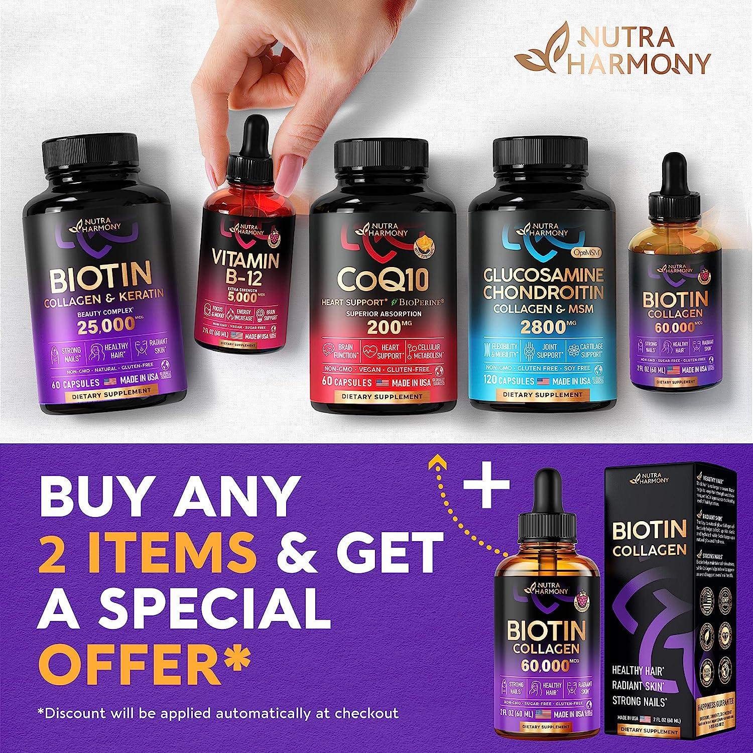 NUTRAHARMONY Liquid Biotin & Collagen - Extra Strength 60000 mcg - Hair ...