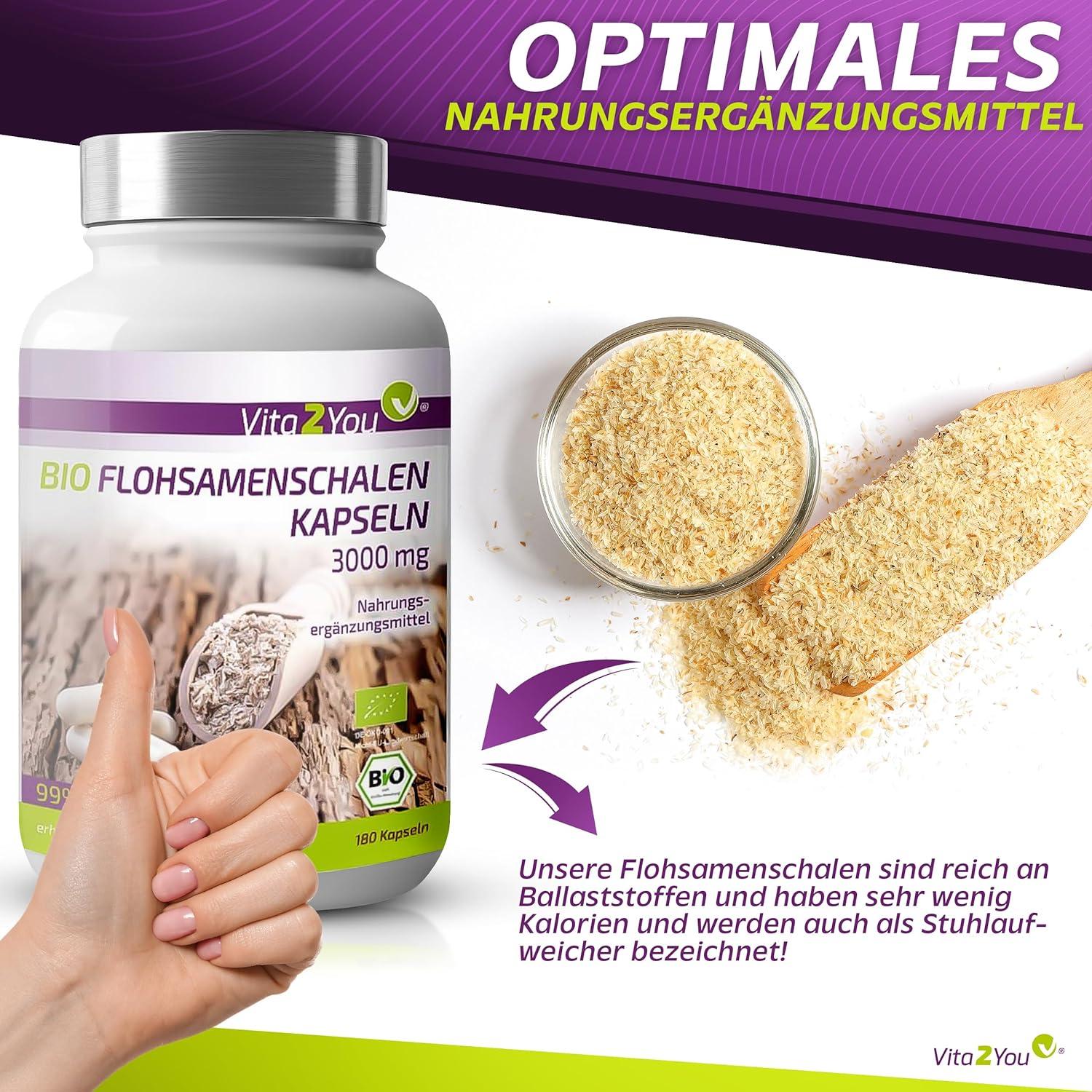 Vita2you Organic Psyllium Shell Capsules 3000mg - 180 Caps - Pure ...