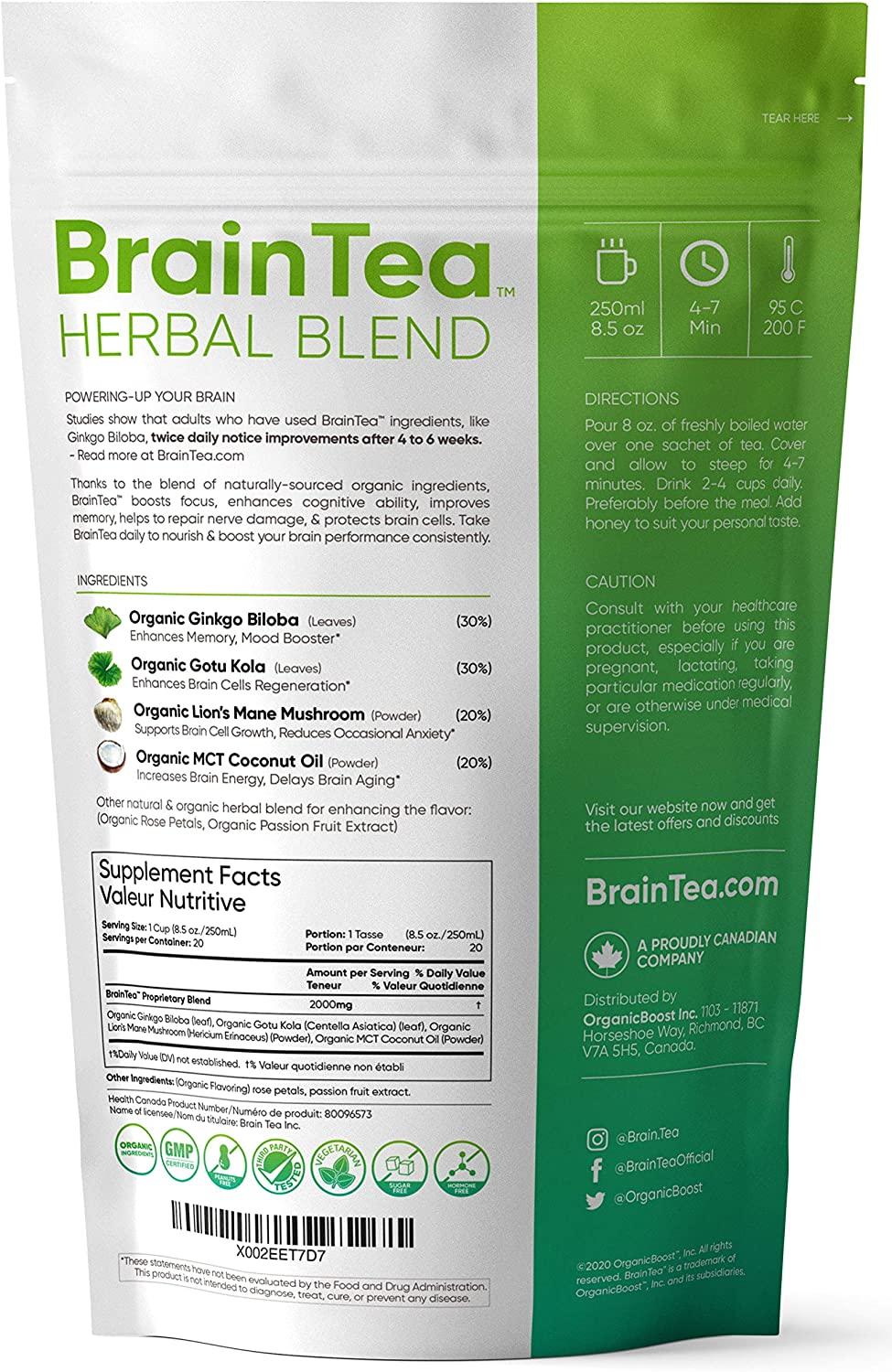 Organic Brain Tea with Gotu Kola, Ginkgo Biloba, Lion's Mane Mushroom ...