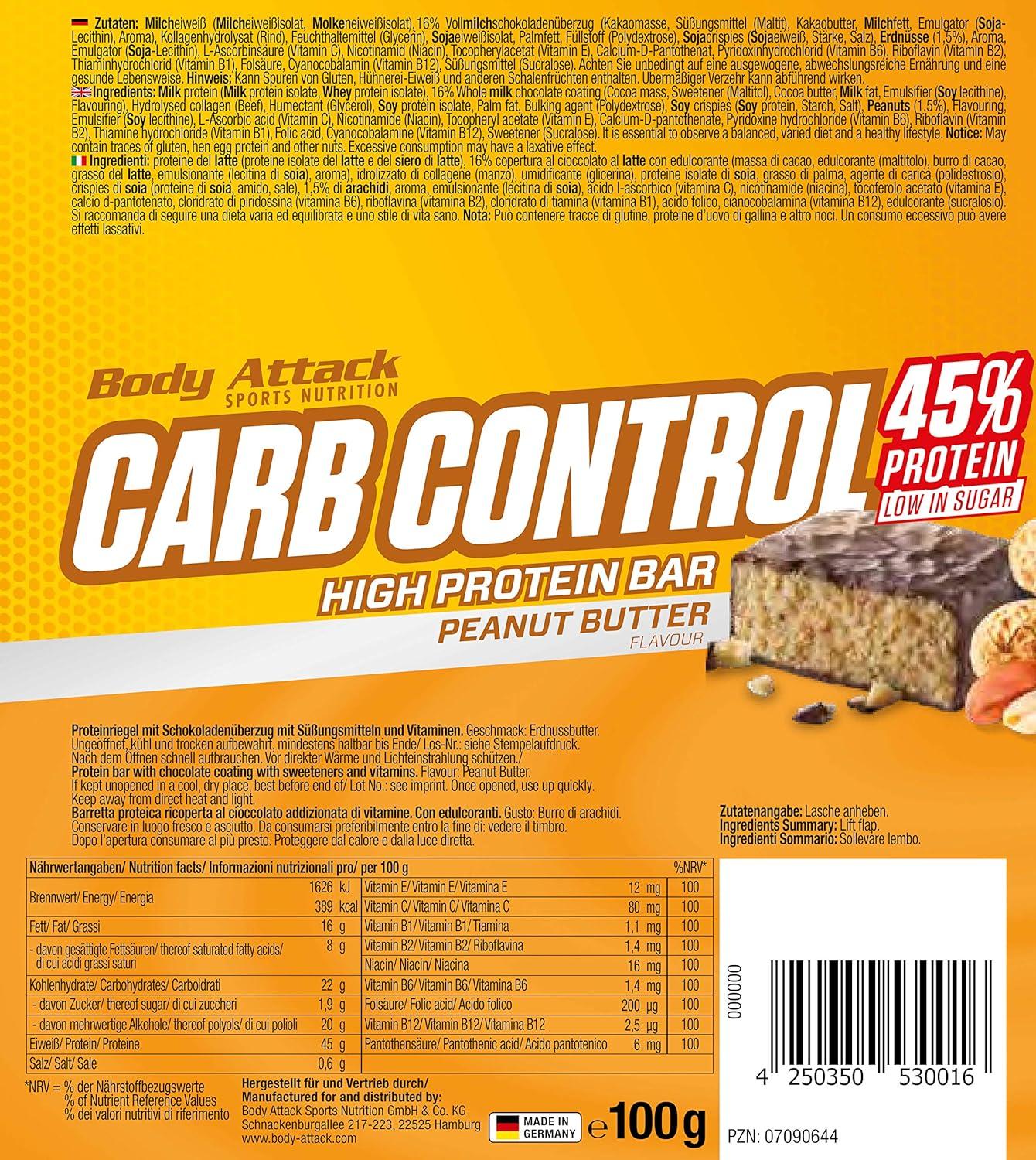 Buy Body Attack Carb Control Protein Bar - Peanut Butter | 10 x 100g ...