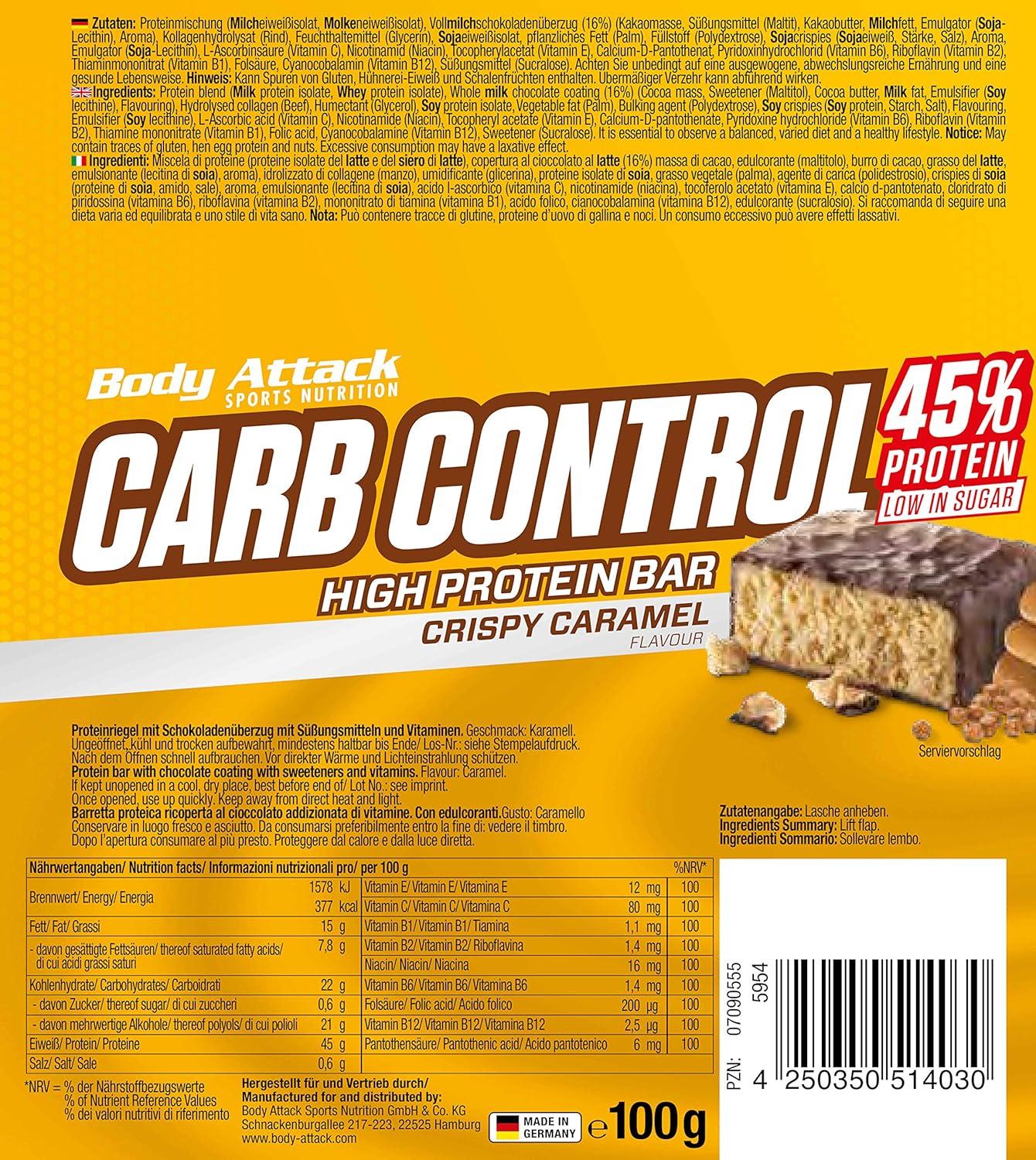 Body Attack Carb Control Protein Bar - Crispy Caramel 15x100g Box ...