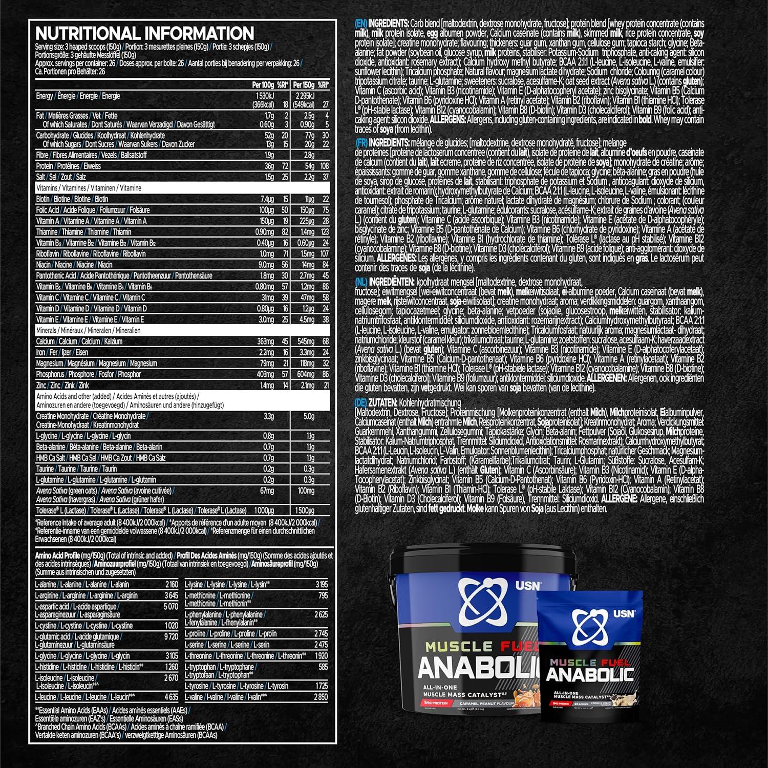 USN Muscle Fuel Anabolic Caramel Peanut Protein Powder Shake 4kg ...