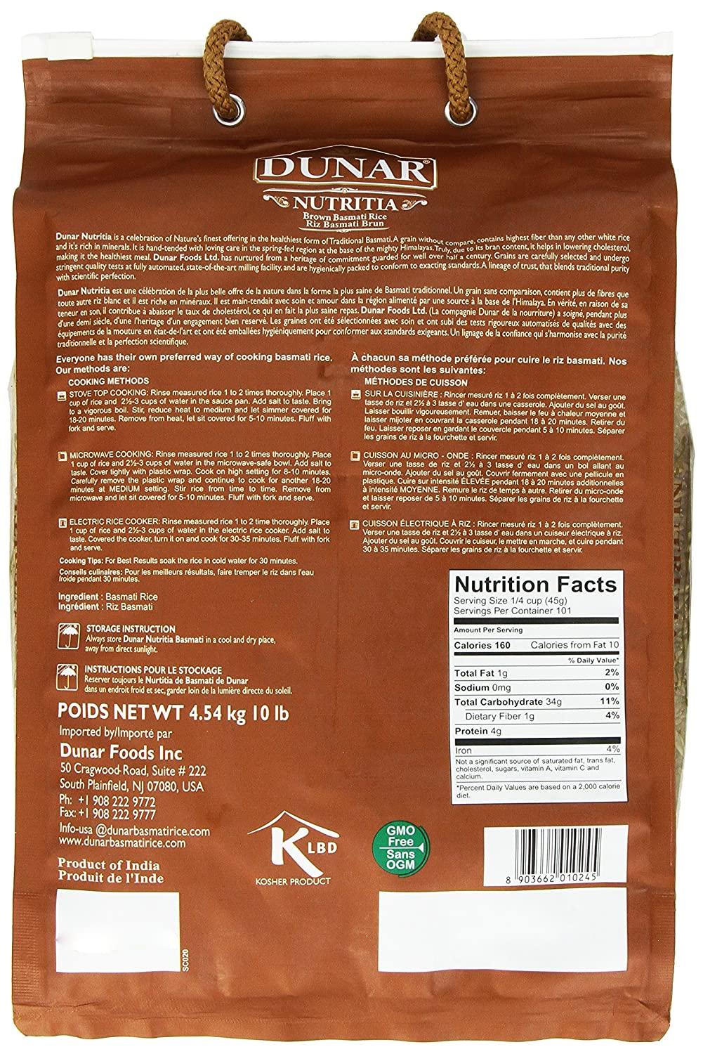 Dunar Nutritia Brown Basmati Rice Himalayan 10lb - Premium Quality Long ...